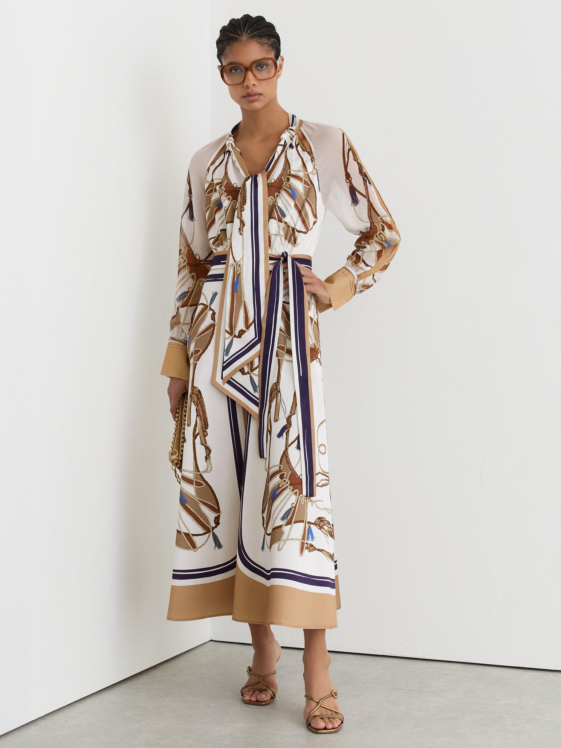 Reiss Petite Ellie Scarf Print Midi Dress, Ivory/Neutral