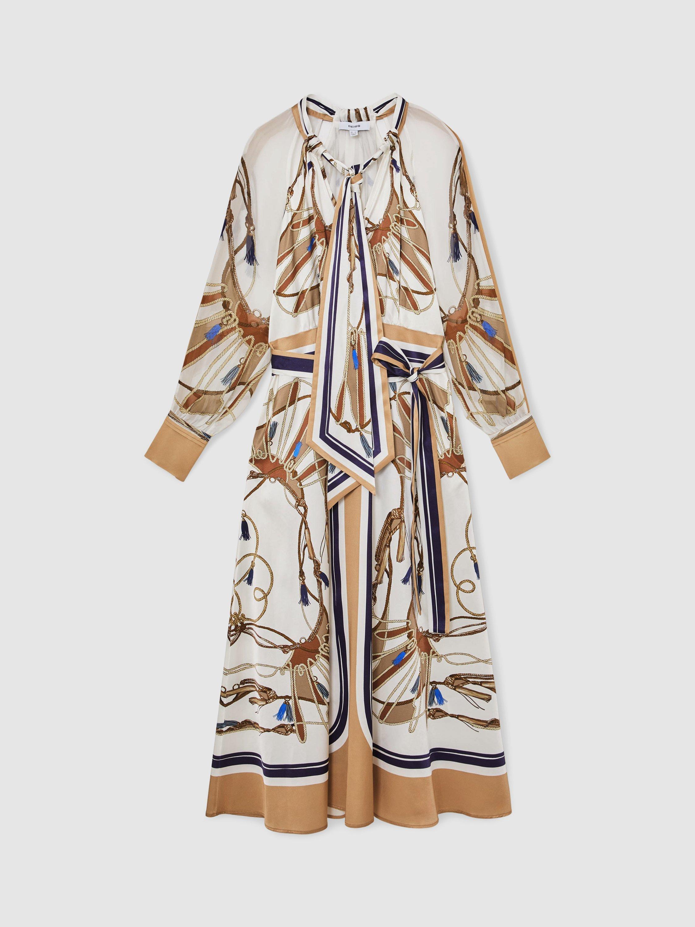 Reiss Petite Ellie Scarf Print Midi Dress, Ivory/Neutral