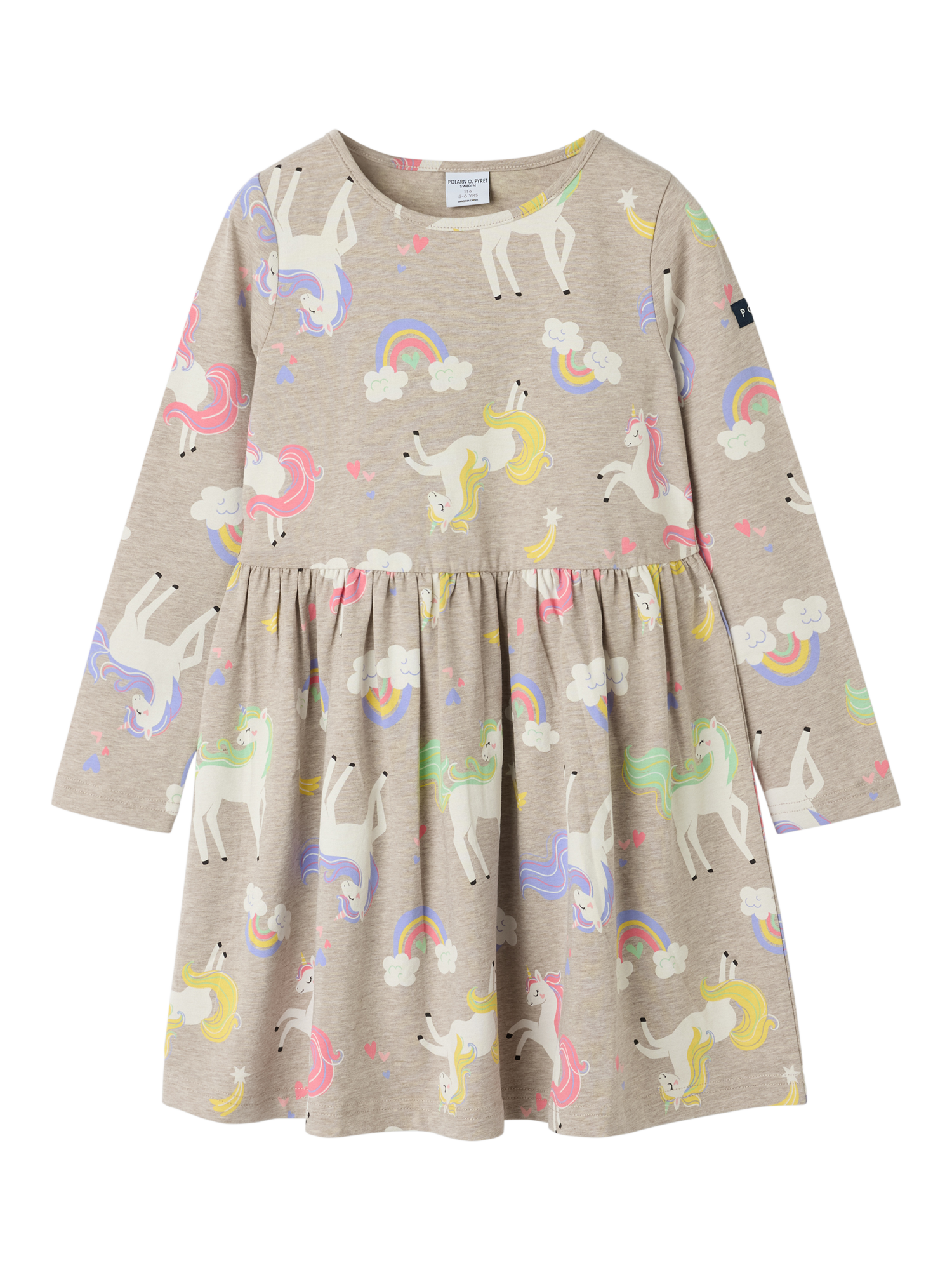 Polarn O. Pyret Kids' Organic Cotton Long Sleeved Unicorn Dress, Natural