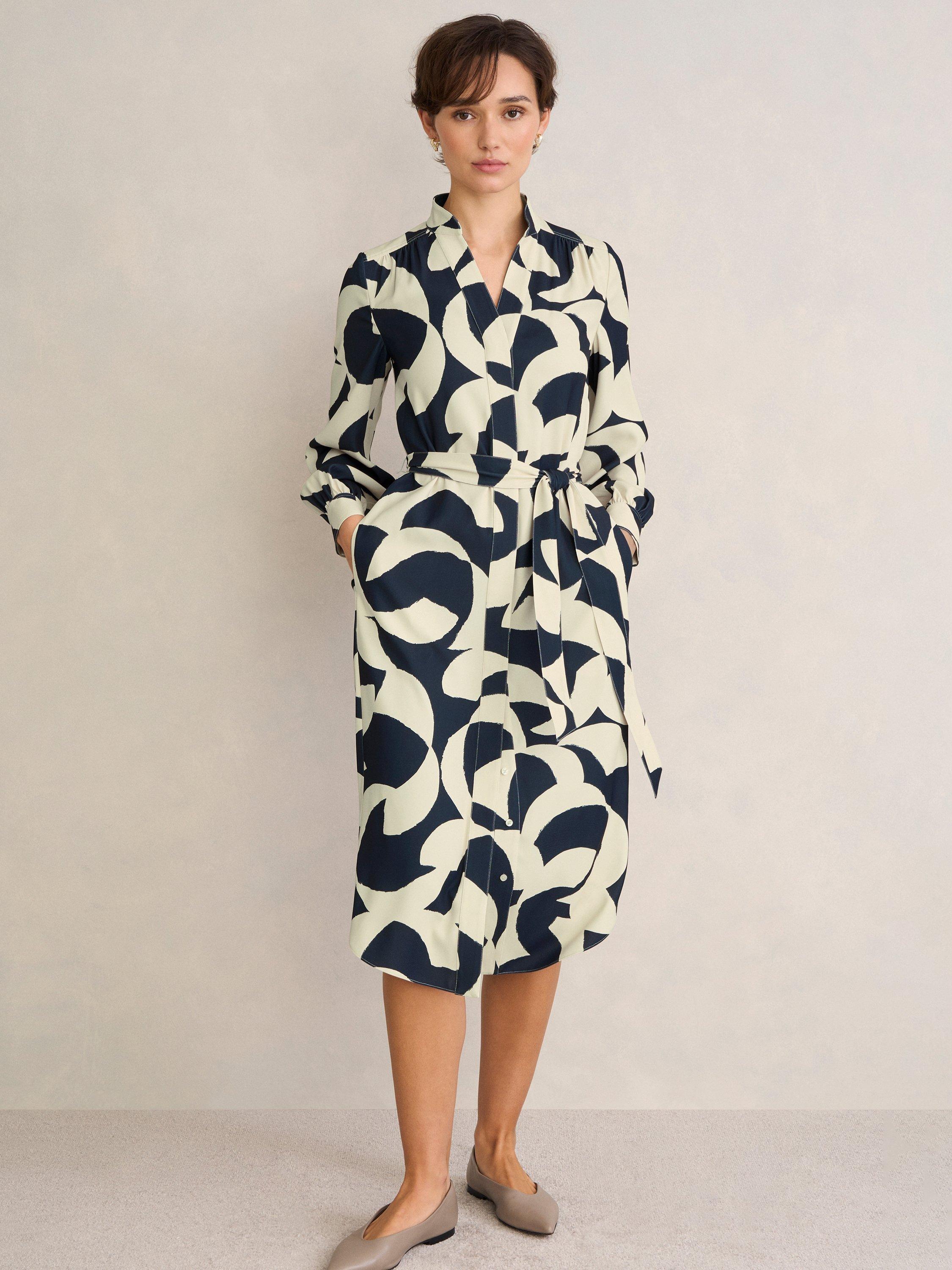 Hobbs Alisa Geometric Shirt Midi Dress, Blue/Multi