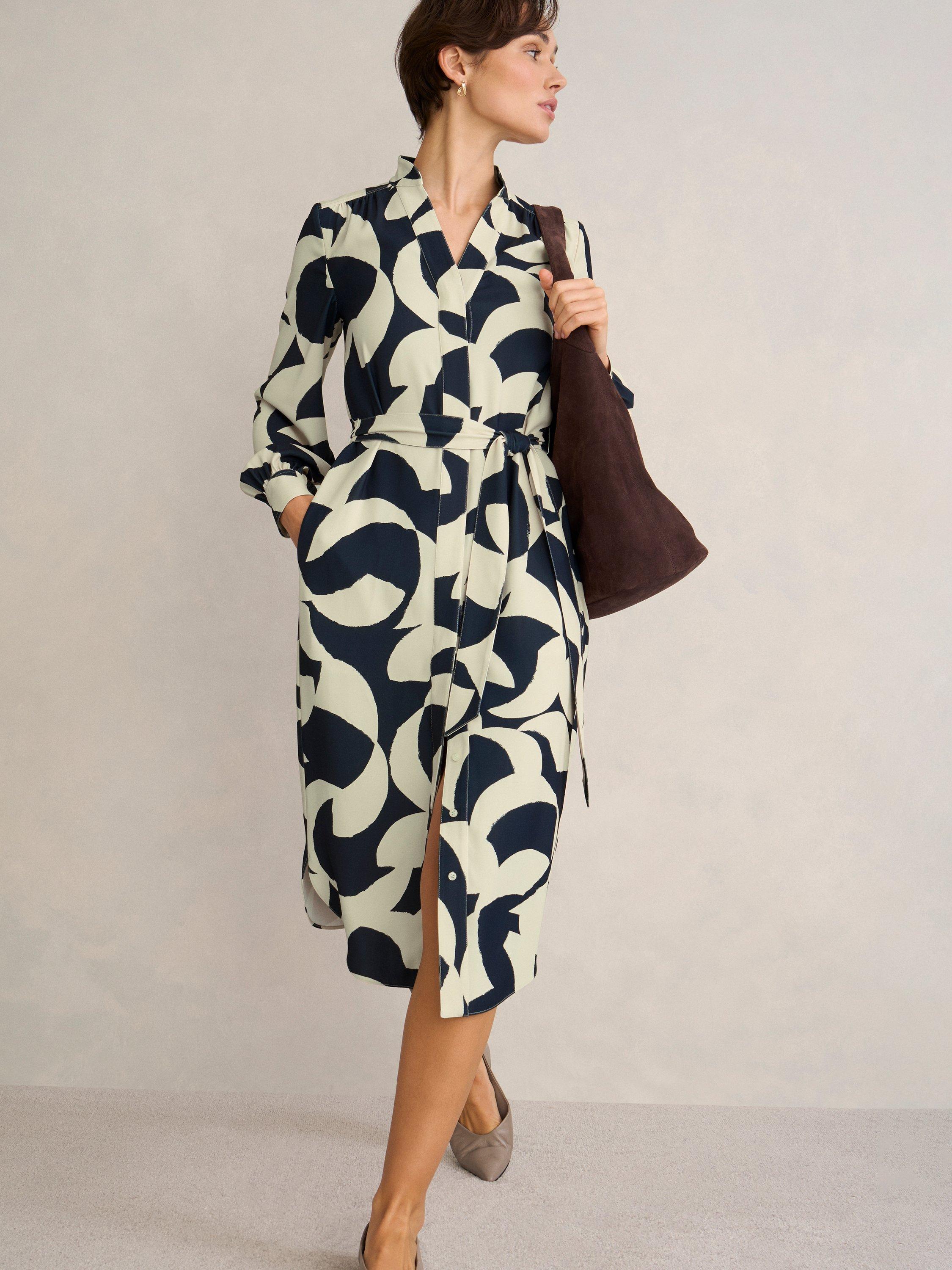 Hobbs Alisa Geometric Shirt Midi Dress, Blue/Multi