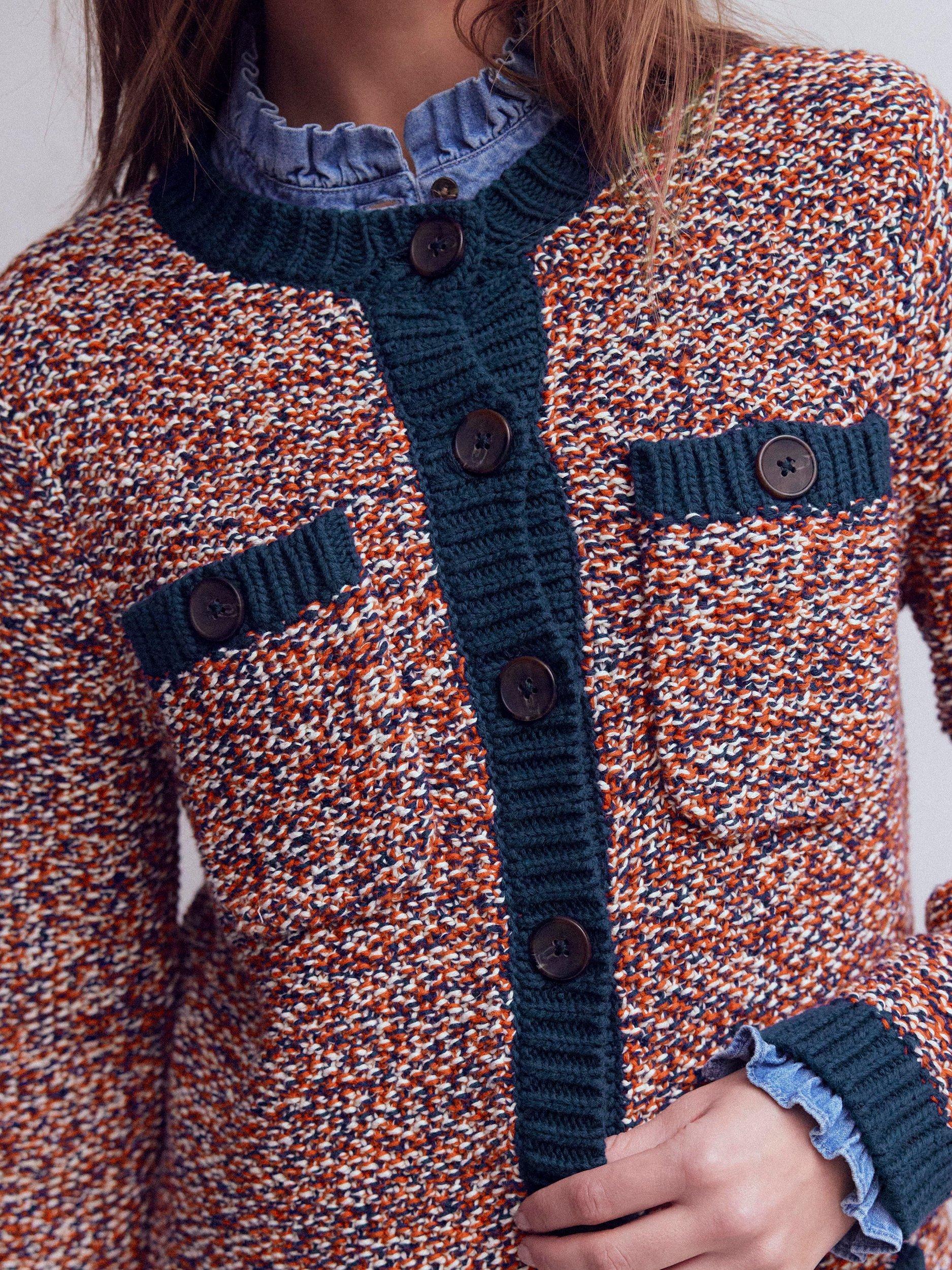 Boden Textured Marl Longline Cardigan, Navy/Red