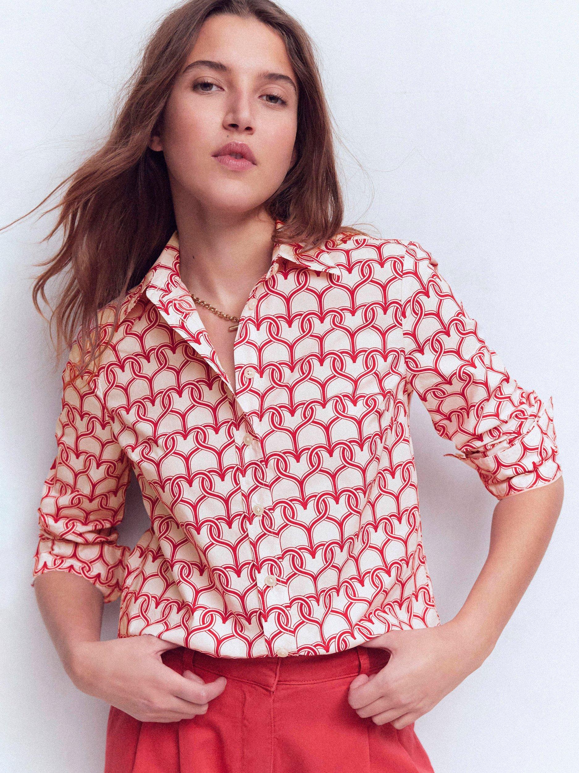 Boden Sienna Heart Print Shirt, Ivory/Red