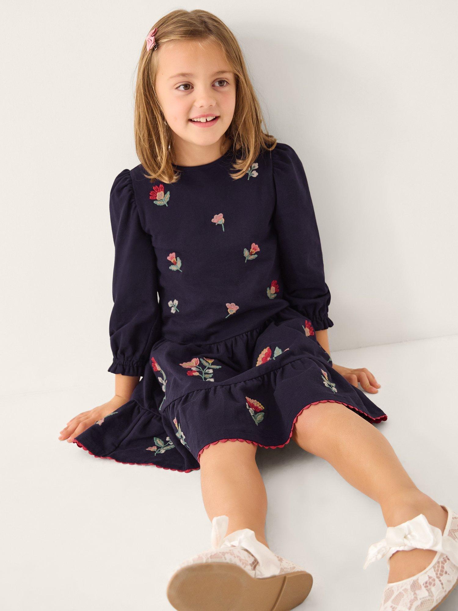 Monsoon Kids' Floral Embroiderd Dress, Navy