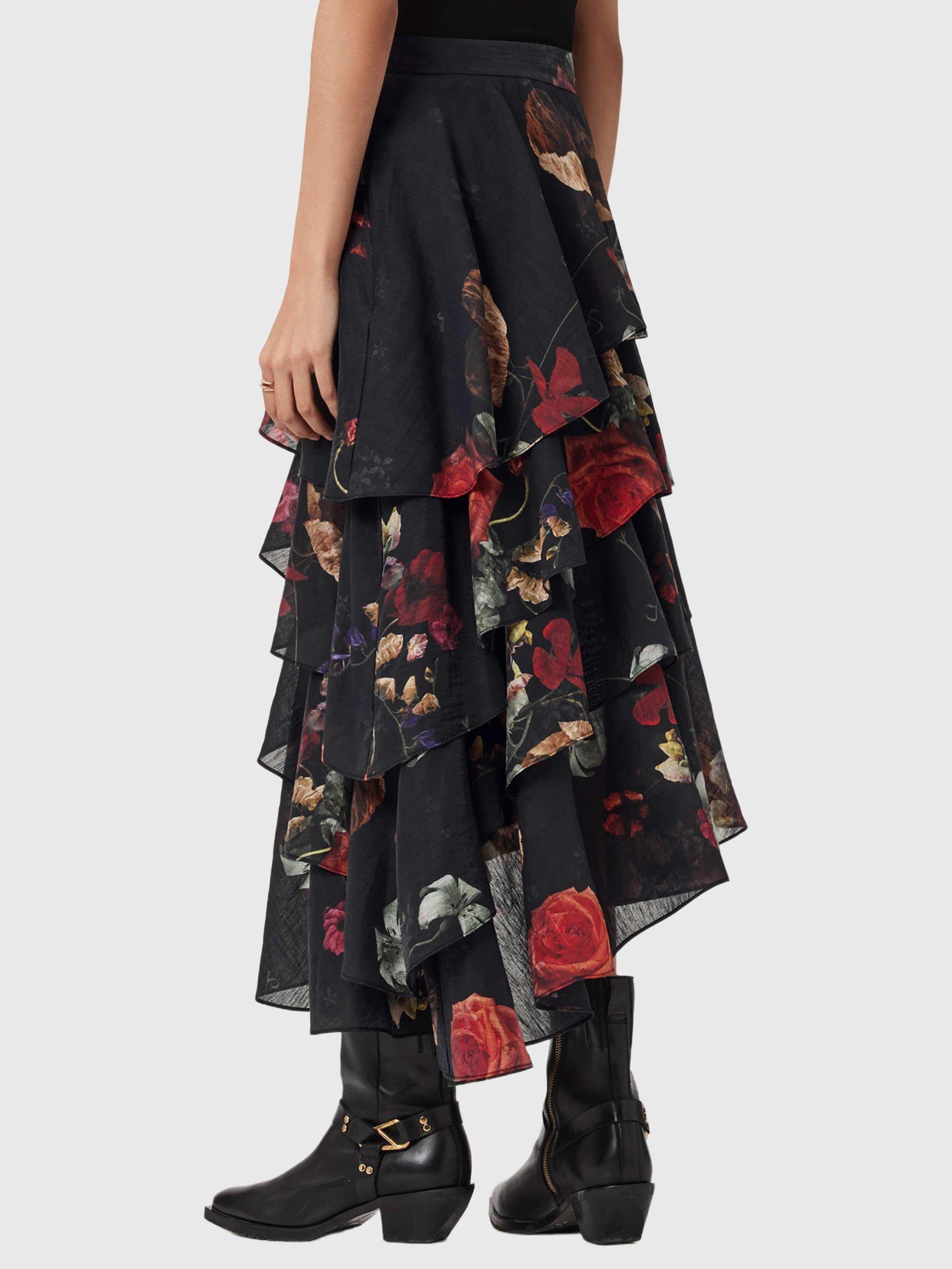 AllSaints Caya Floral Tiered Skirt, Haze Black