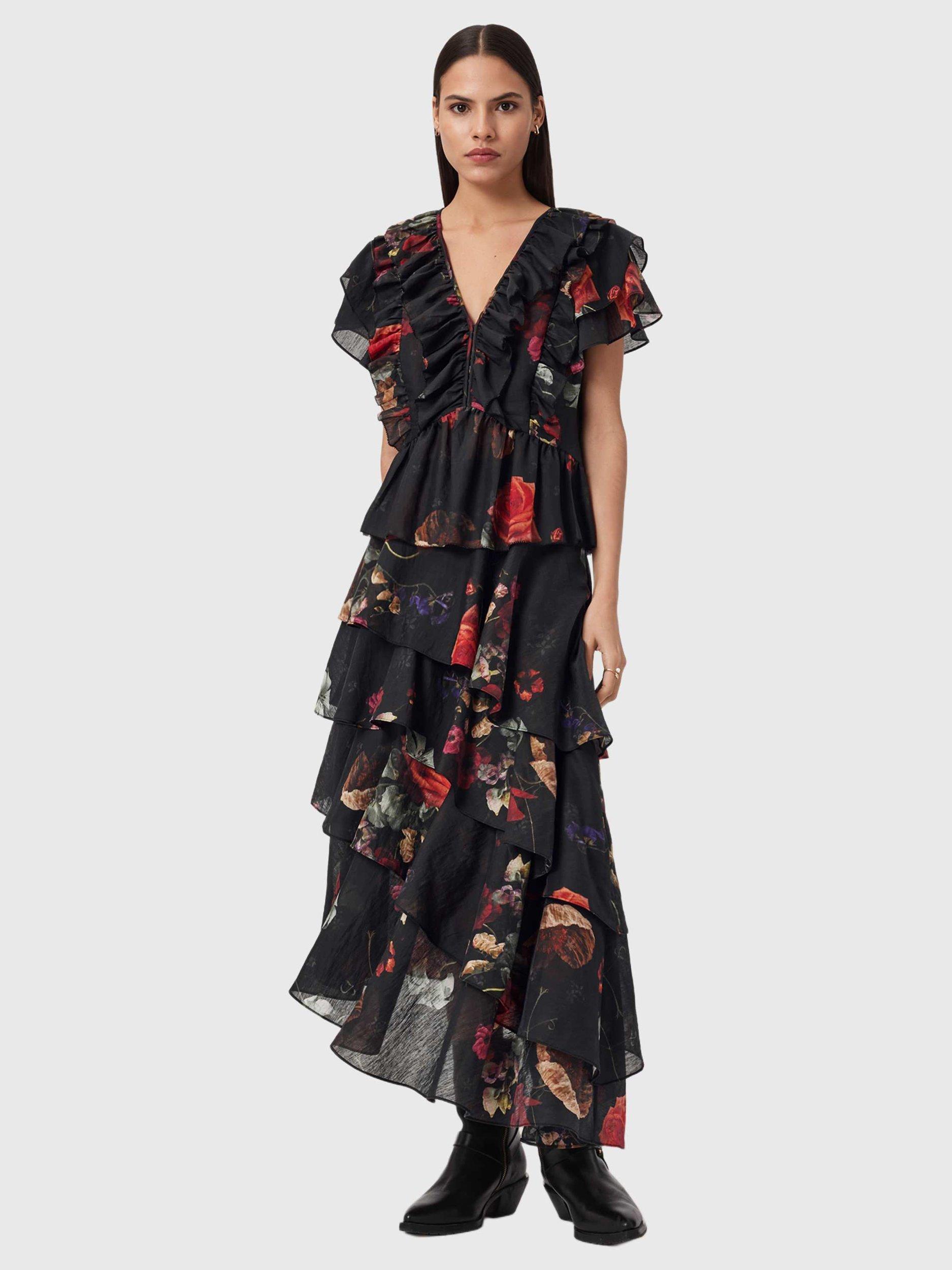 AllSaints Caya Floral Tiered Skirt, Haze Black