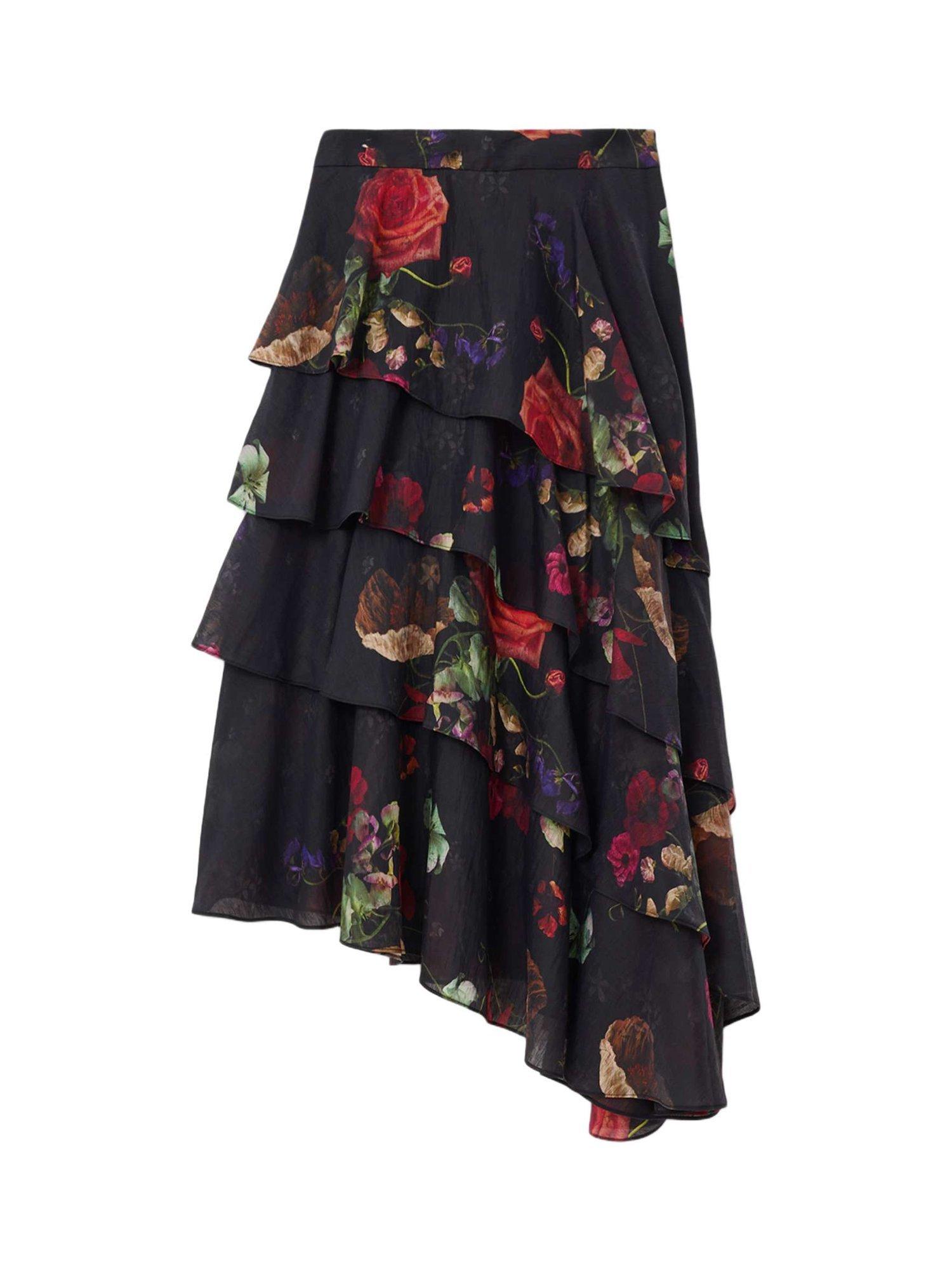 AllSaints Caya Floral Tiered Skirt, Haze Black