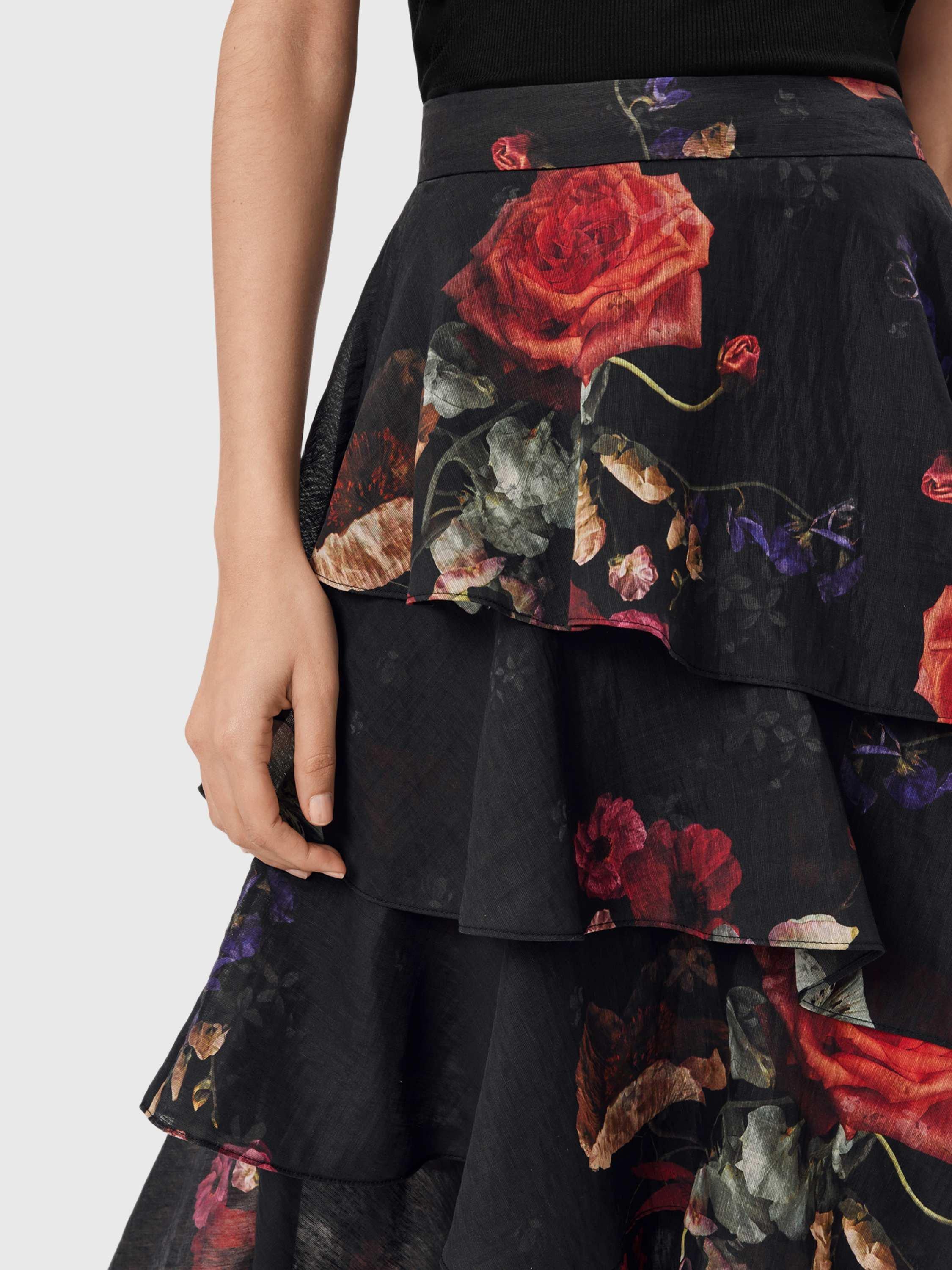 AllSaints Caya Floral Tiered Skirt, Haze Black