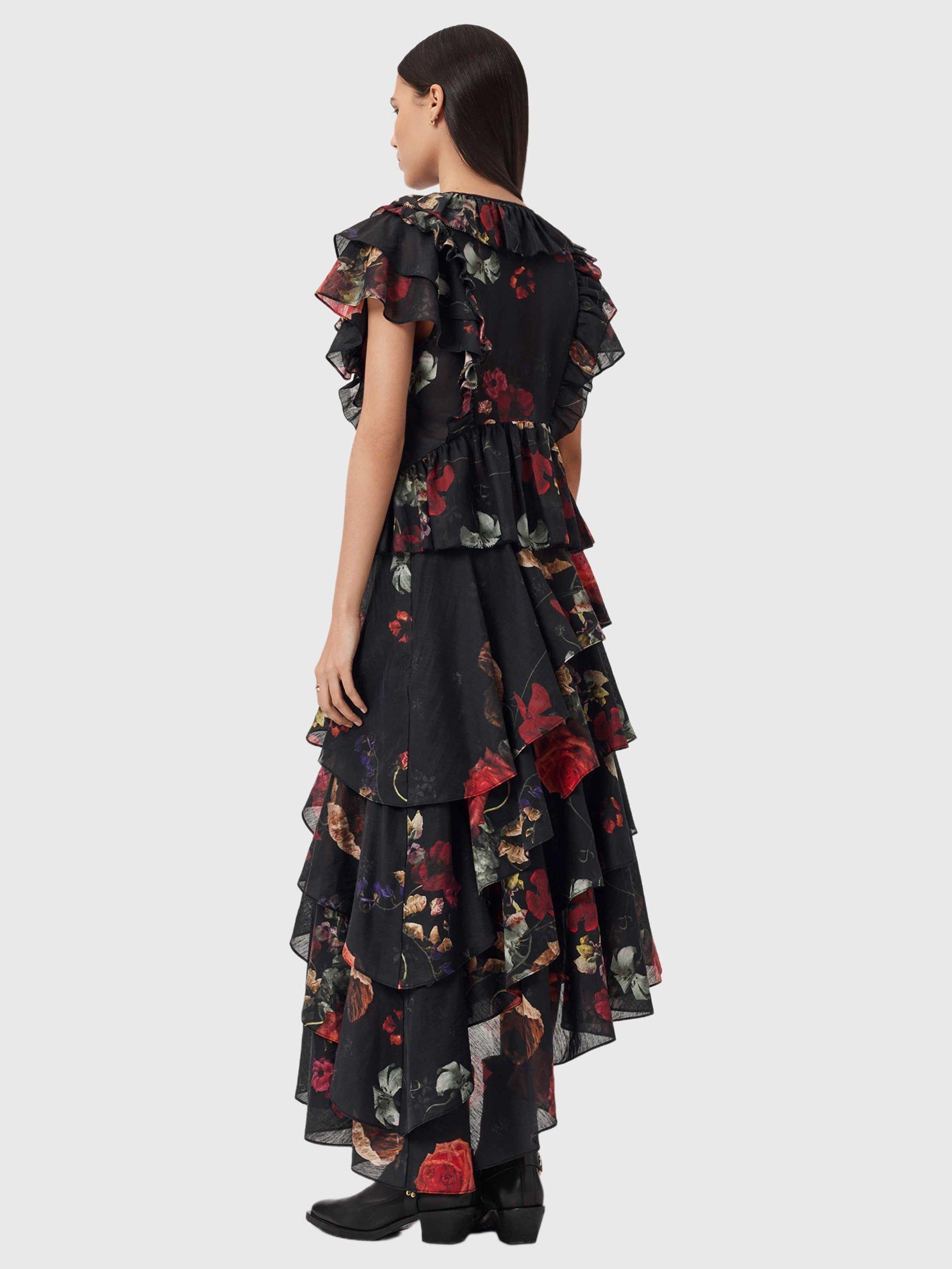 AllSaints Caya Floral Tiered Skirt, Haze Black