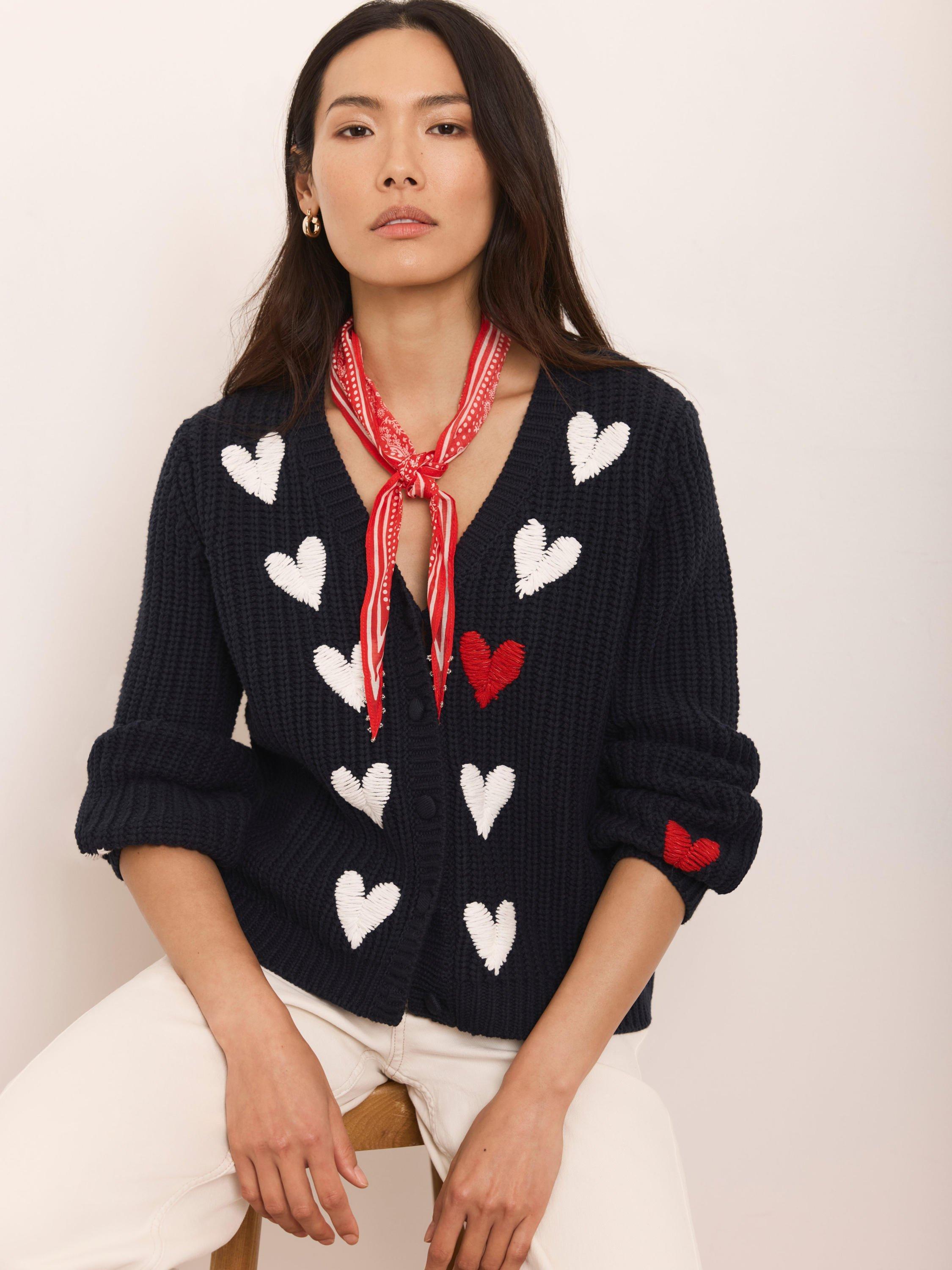 Mint Velvet Embroidered Hearts Cardigan, Navy/Multi