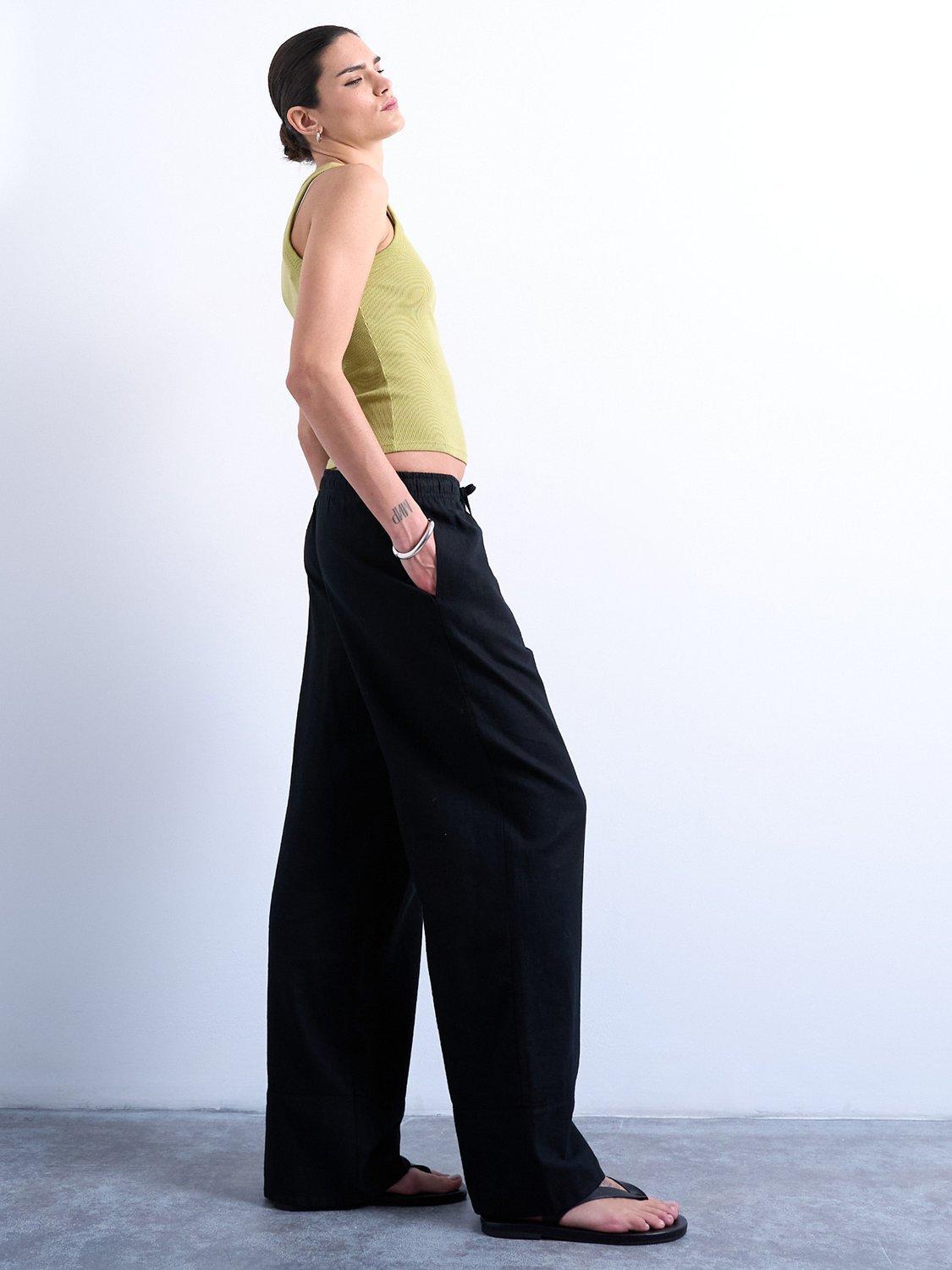 Topshop Wide Leg Linen Blend Trousers, Black