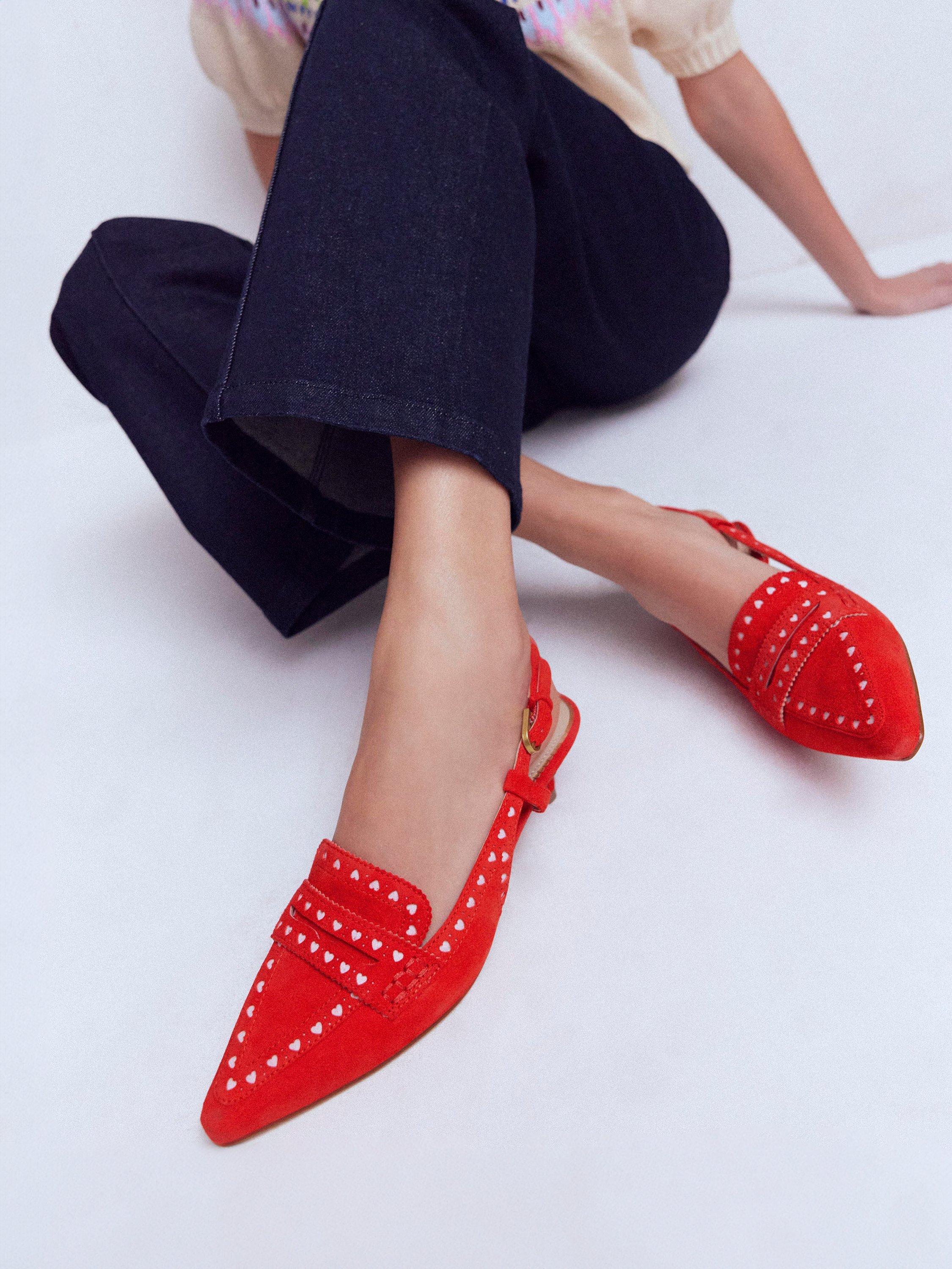 Boden Brogue Heart Cut Out Kitten Heel Brogue Slingback Sandals, Red