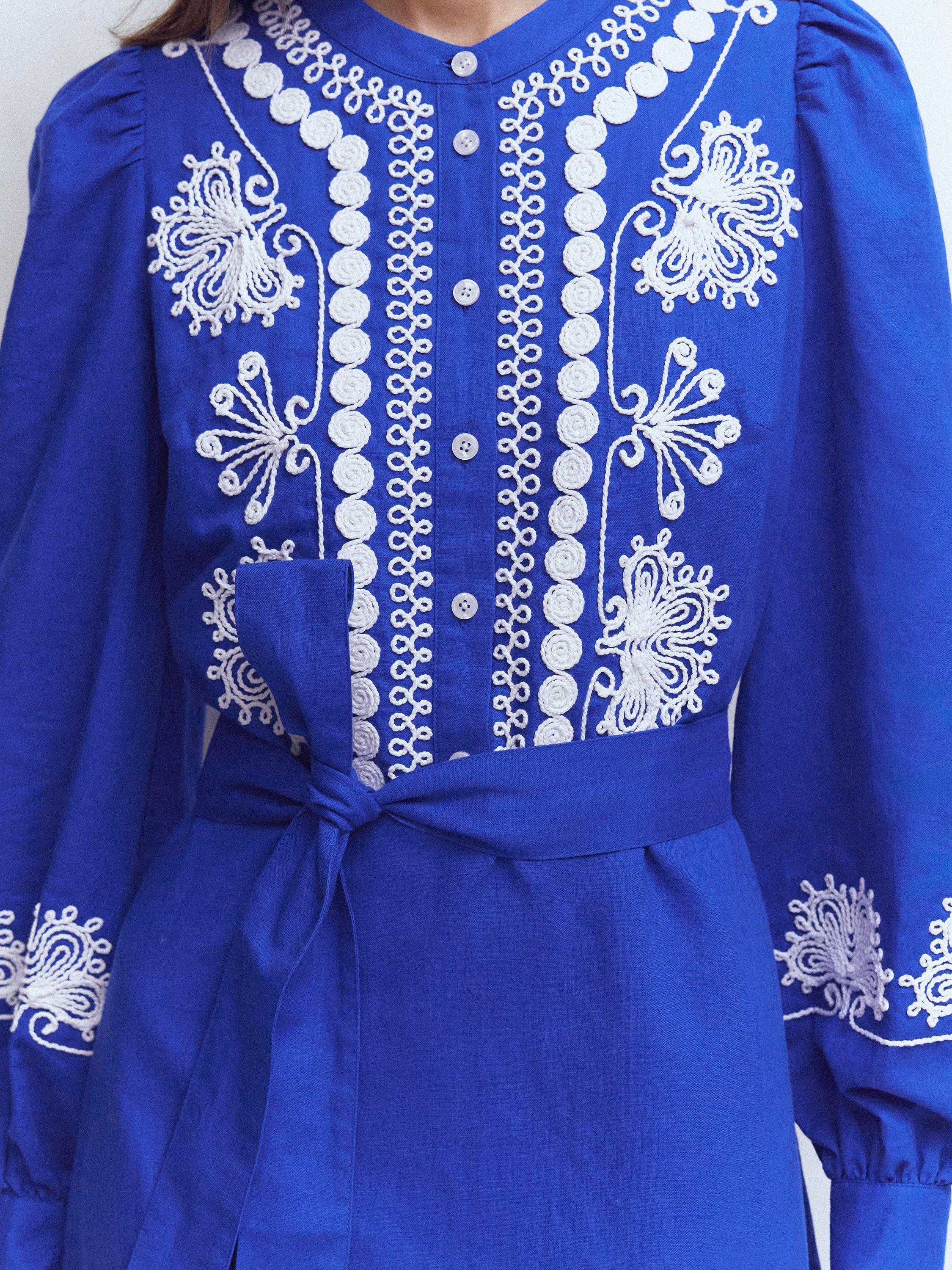 Boden Ava Embroidered Linen Rich Midi Dress, Blue/Multi