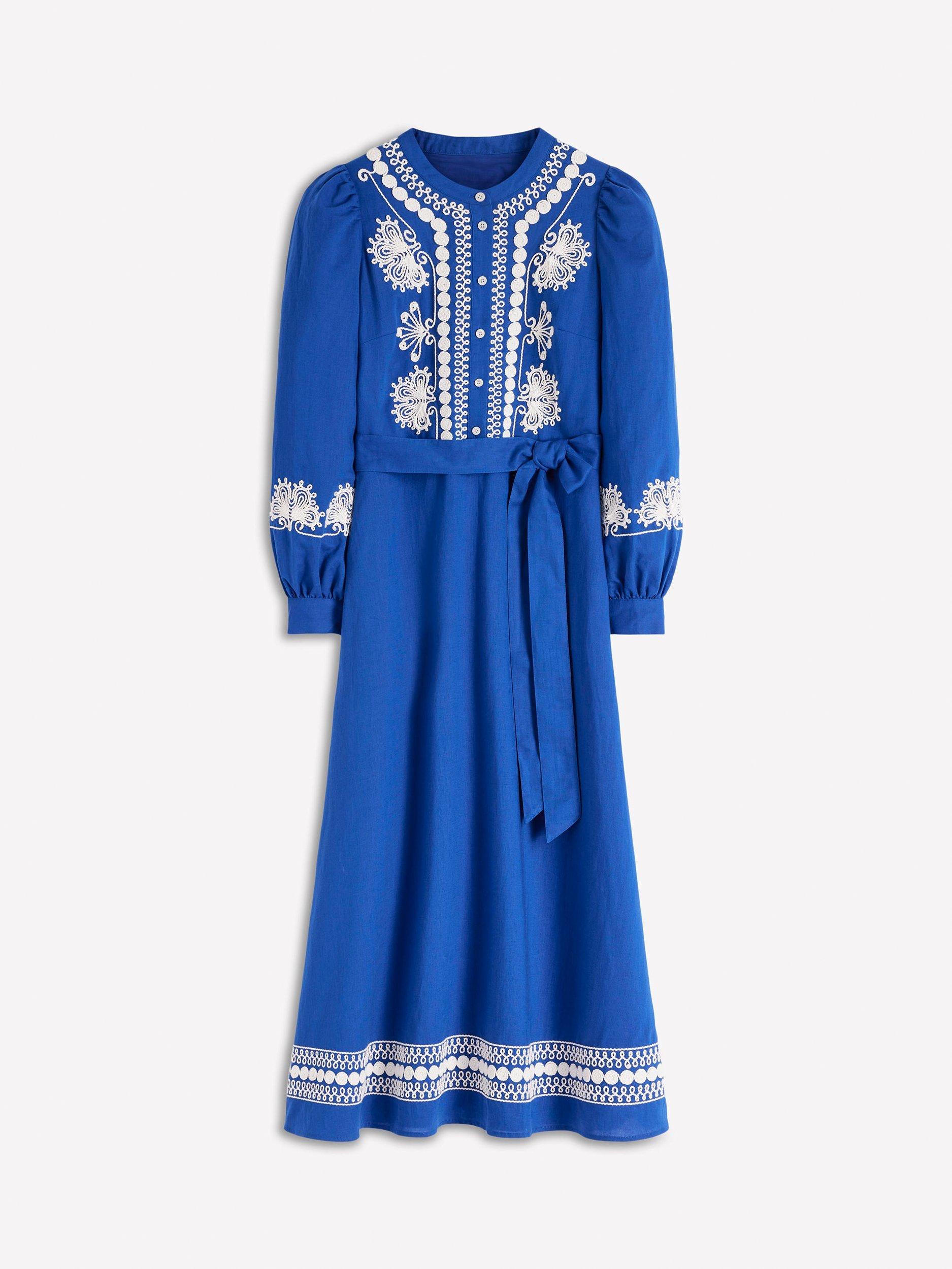 Boden Ava Embroidered Linen Rich Midi Dress, Blue/Multi