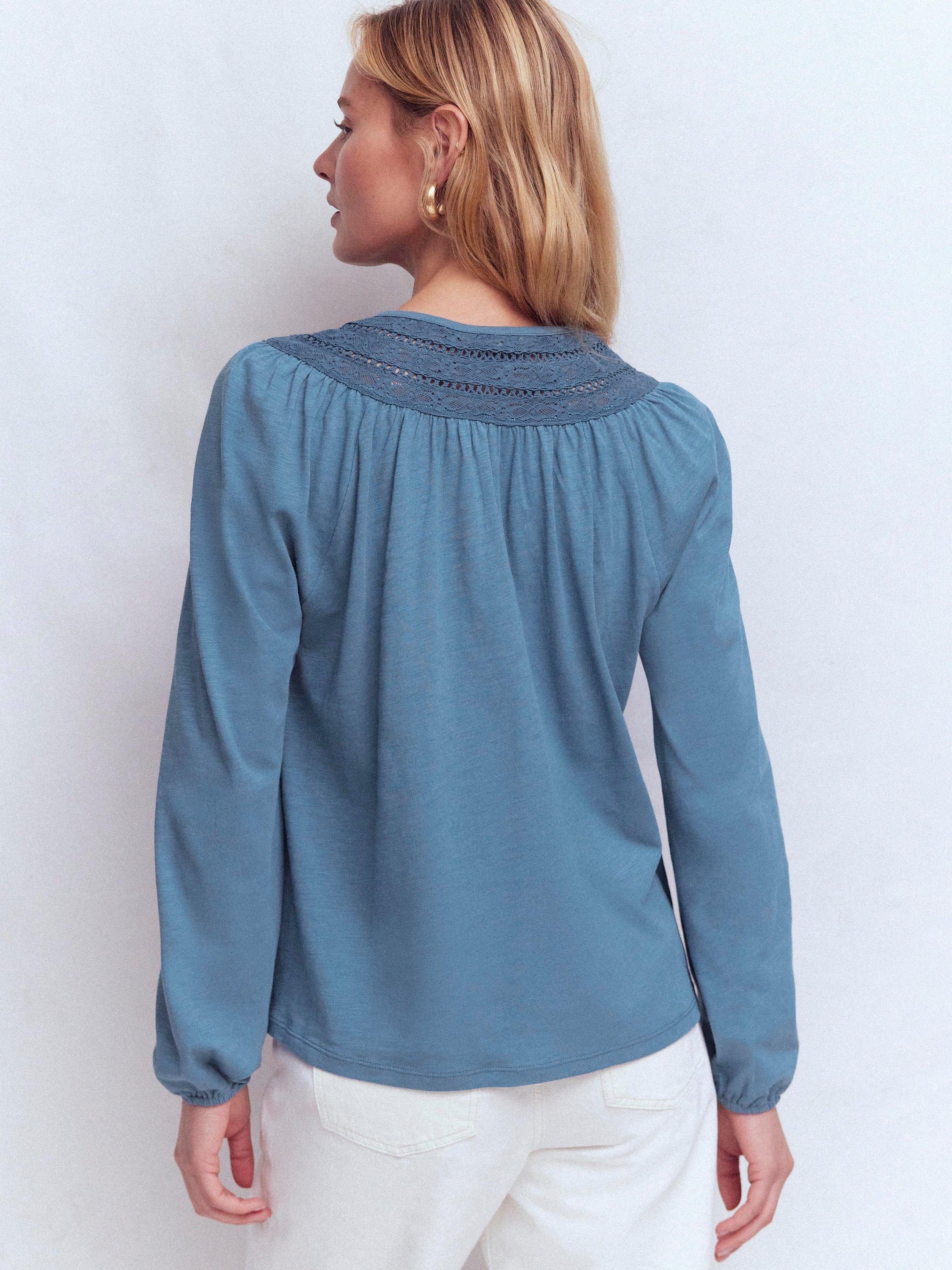 Boden Edi Lace Trim Tie Neck Top, Blue