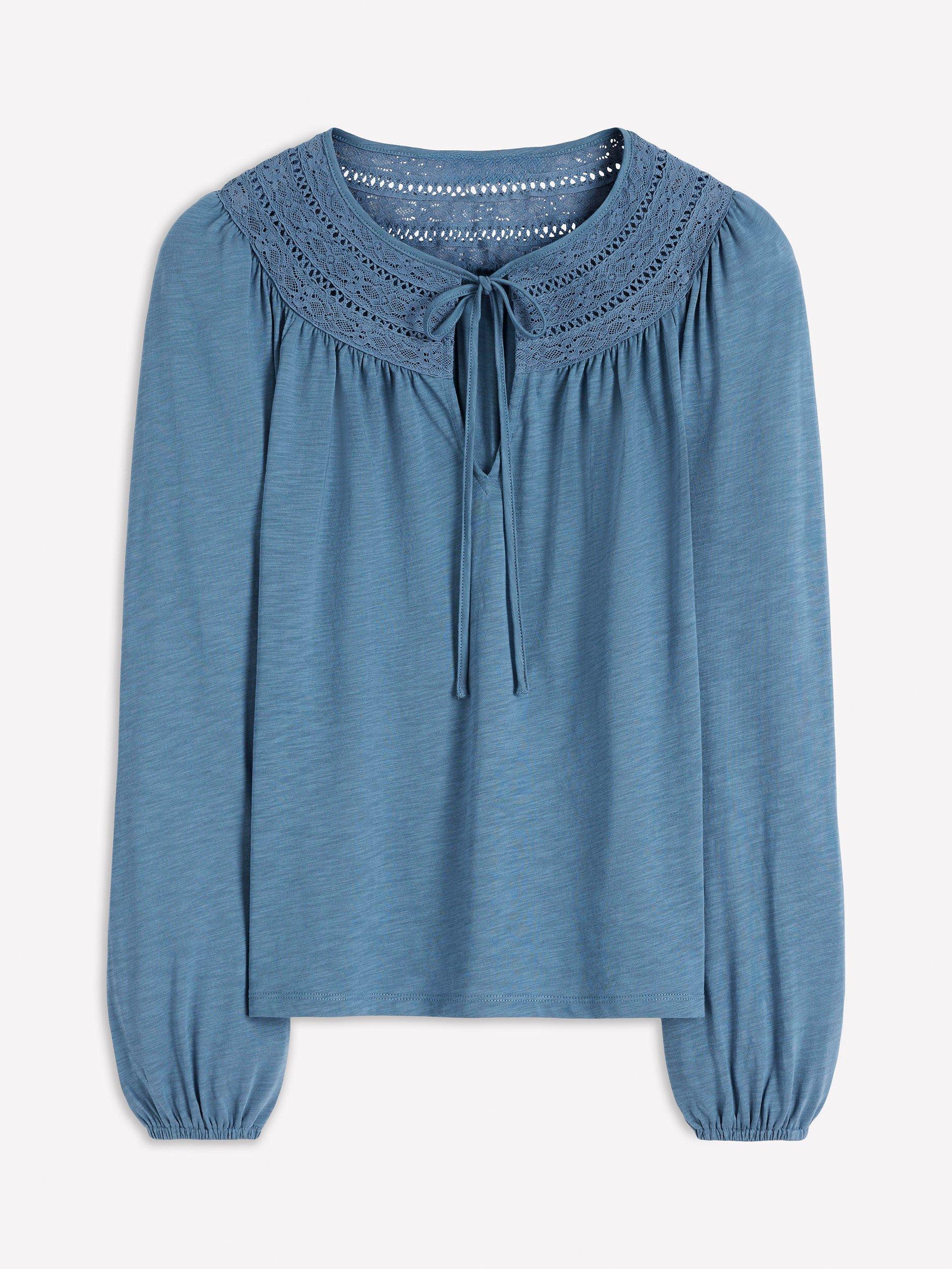 Boden Edi Lace Trim Tie Neck Top, Blue