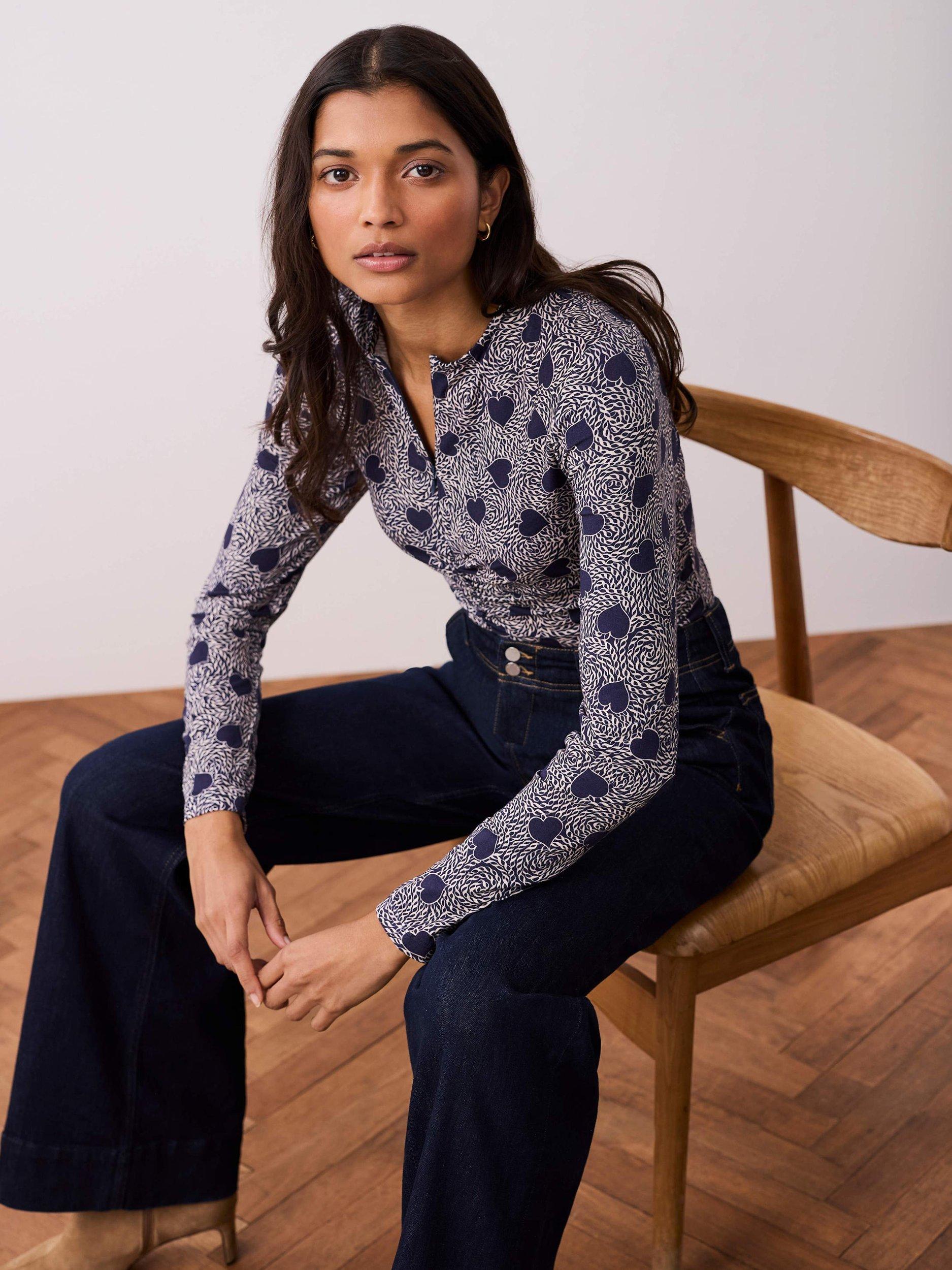 Mint Velvet Heart Print Zip Detail Top, Blue Navy