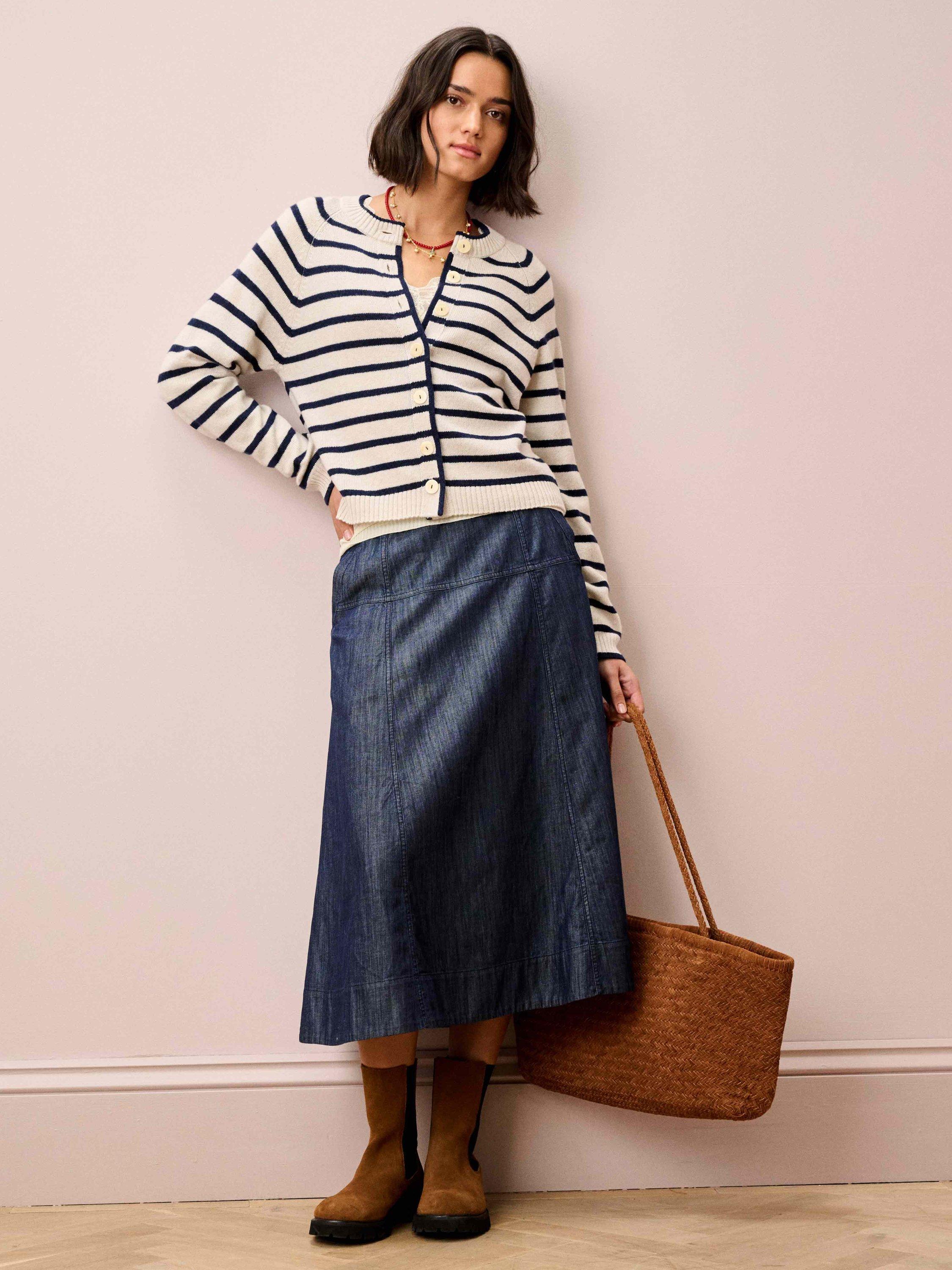 Brora Breton Stripe Pure Cashmere Cardigan, Swan/French Navy