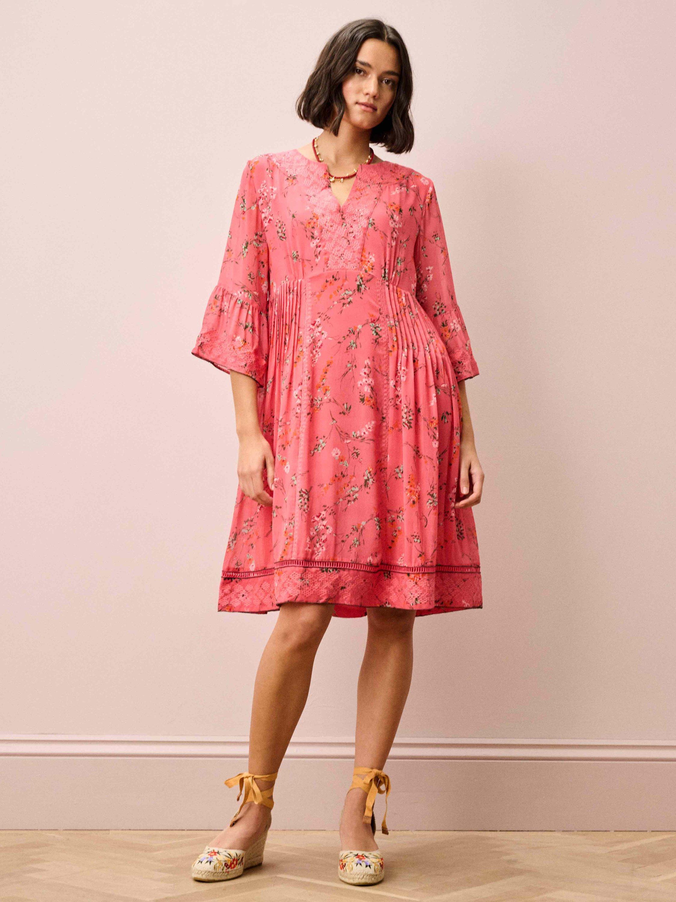Brora Embroidered Pure Silk Dress, Coral