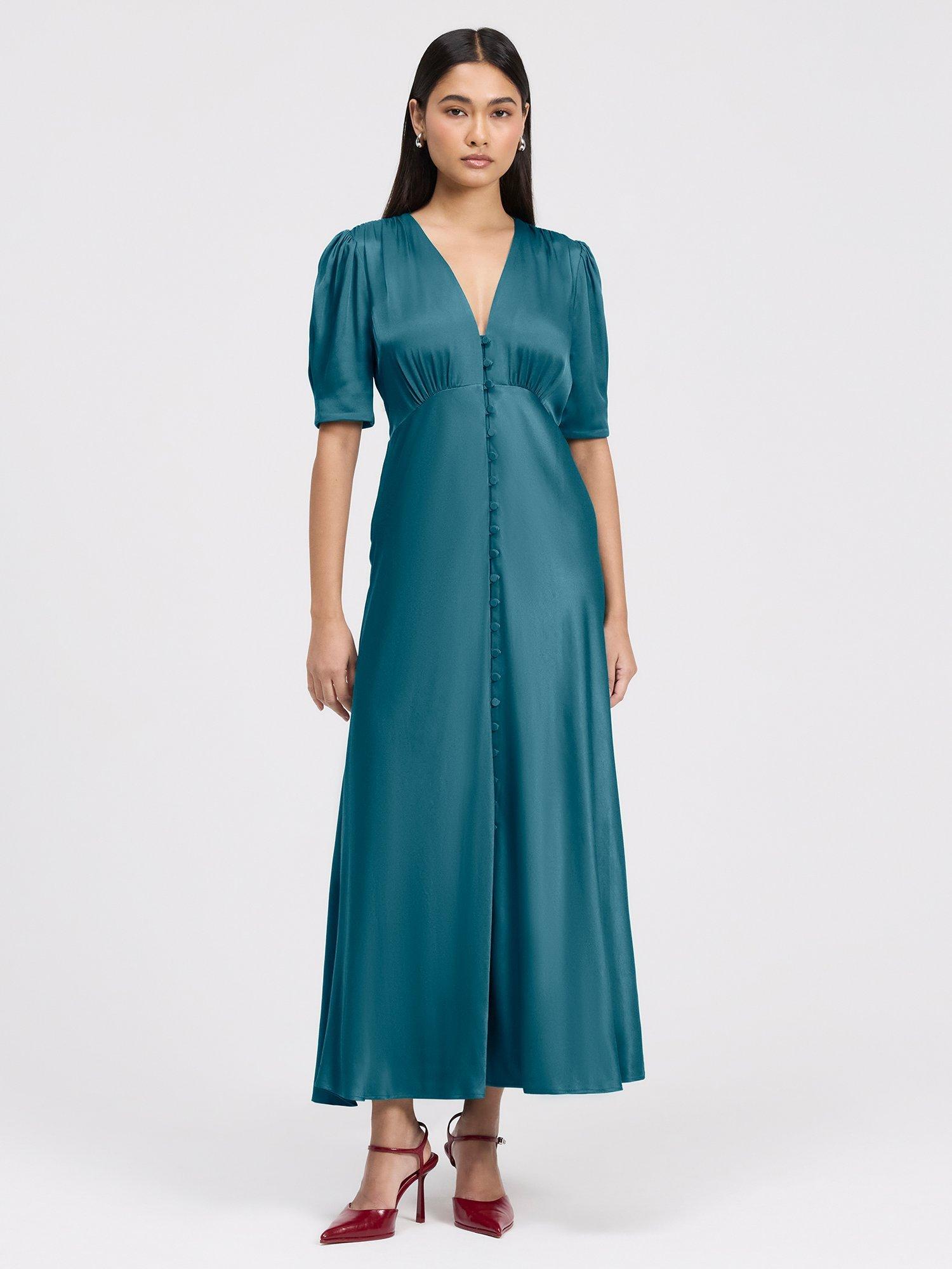 Ghost Madison V-Neck Satin Midi Dress, Emerald Sea