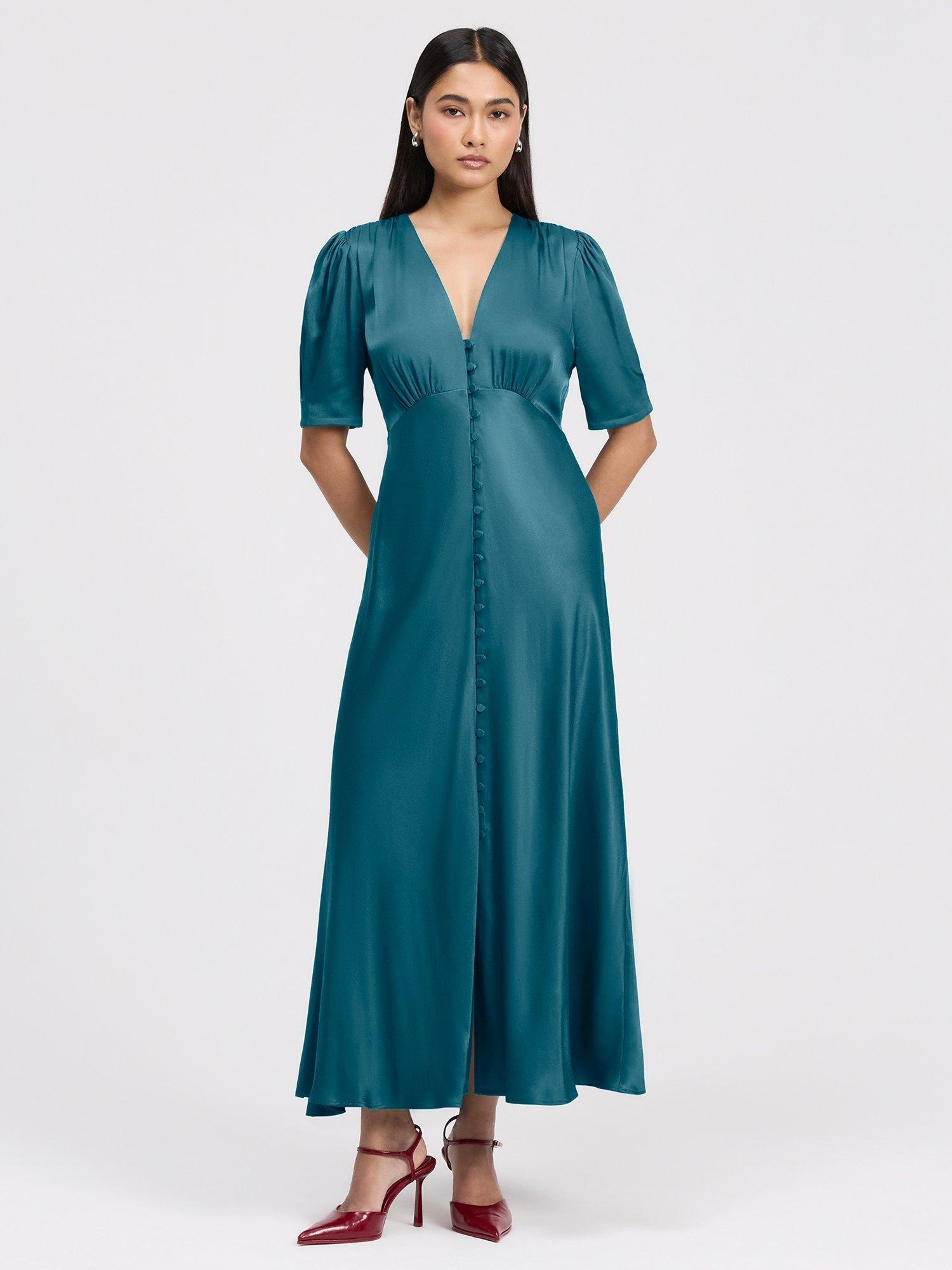 Ghost Madison V-Neck Satin Midi Dress, Emerald Sea