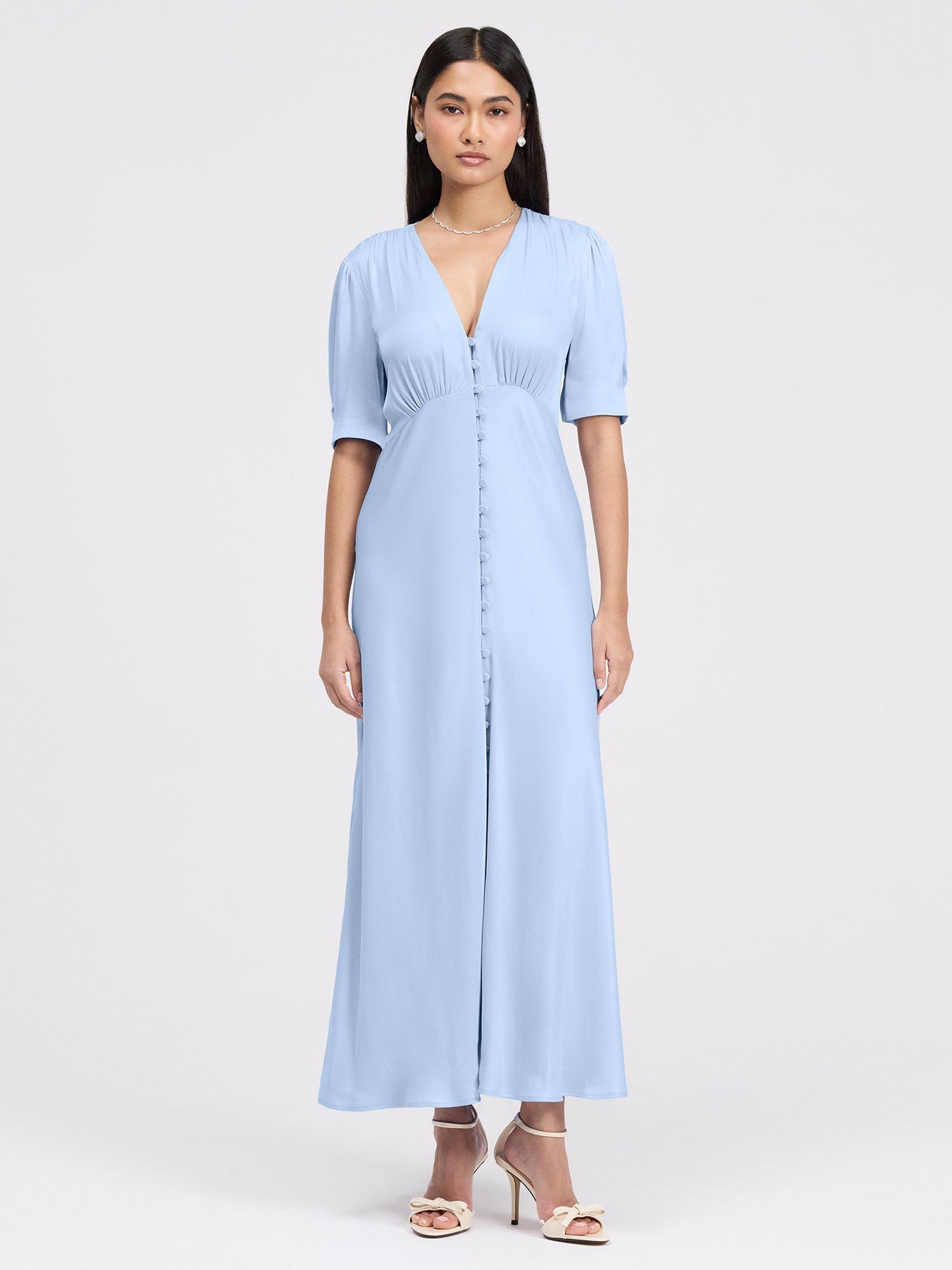 Ghost Madison V-Neck Satin Midi Dress, Cornflower Blue