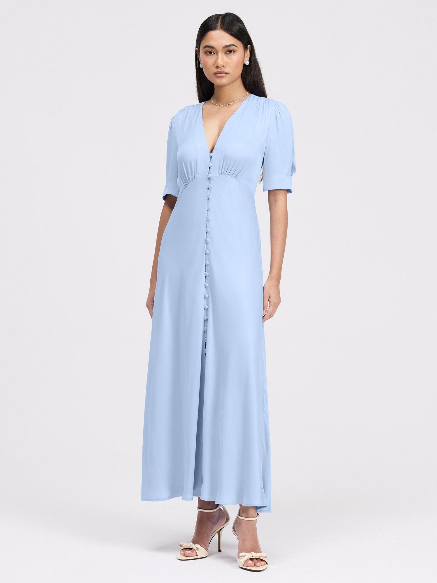 Ghost Madison V-Neck Satin Midi Dress, Cornflower Blue