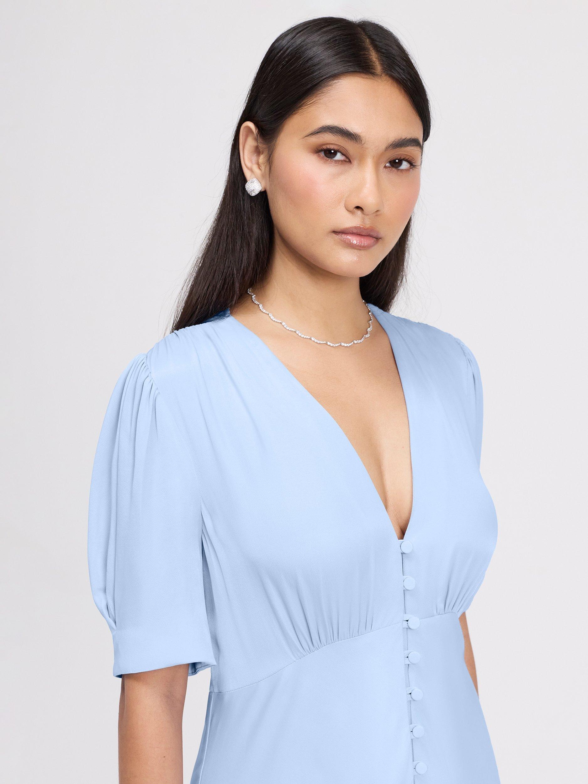 Ghost Madison V-Neck Satin Midi Dress, Cornflower Blue