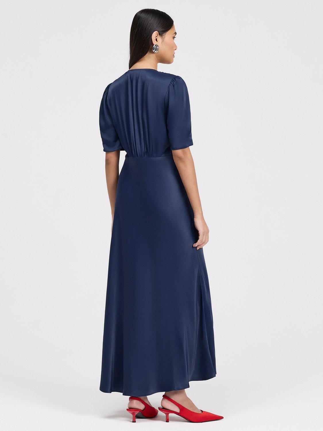 Ghost Madison V-Neck Satin Midi Dress, Navy