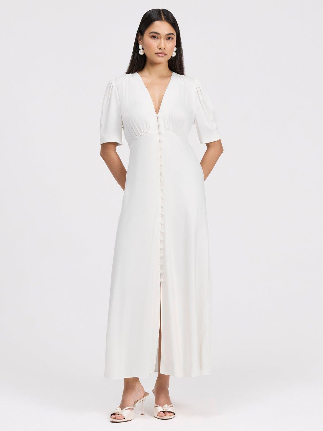 Ghost Madison V-Neck Satin Midi Dress, Ivory