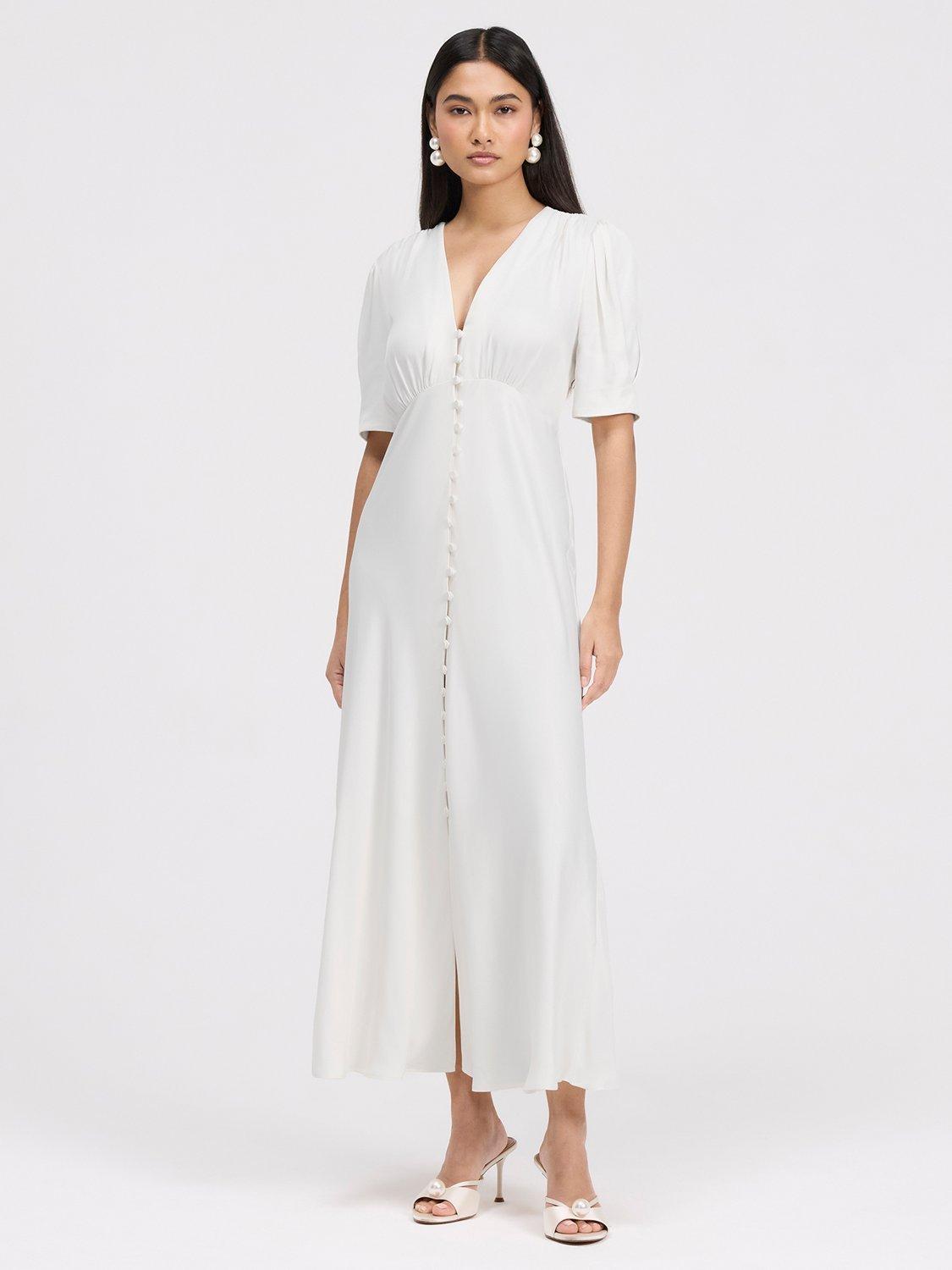 Ghost Madison V-Neck Satin Midi Dress, Ivory