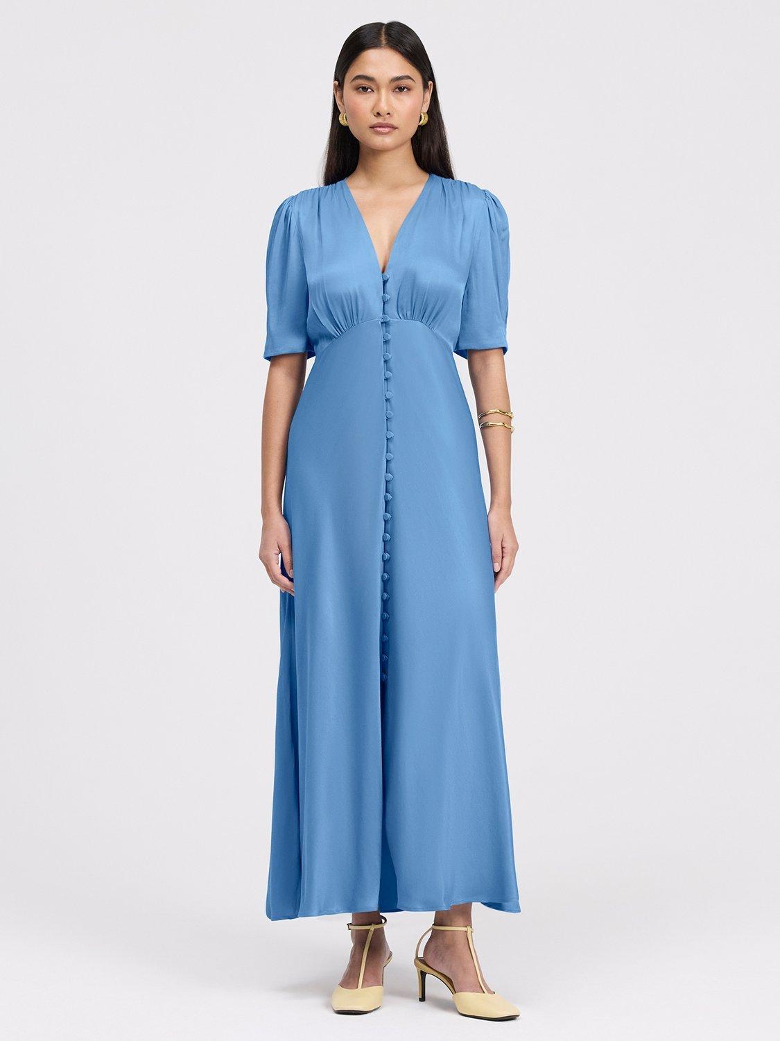 Ghost Madison V-Neck Satin Midi Dress, Chambray Blue