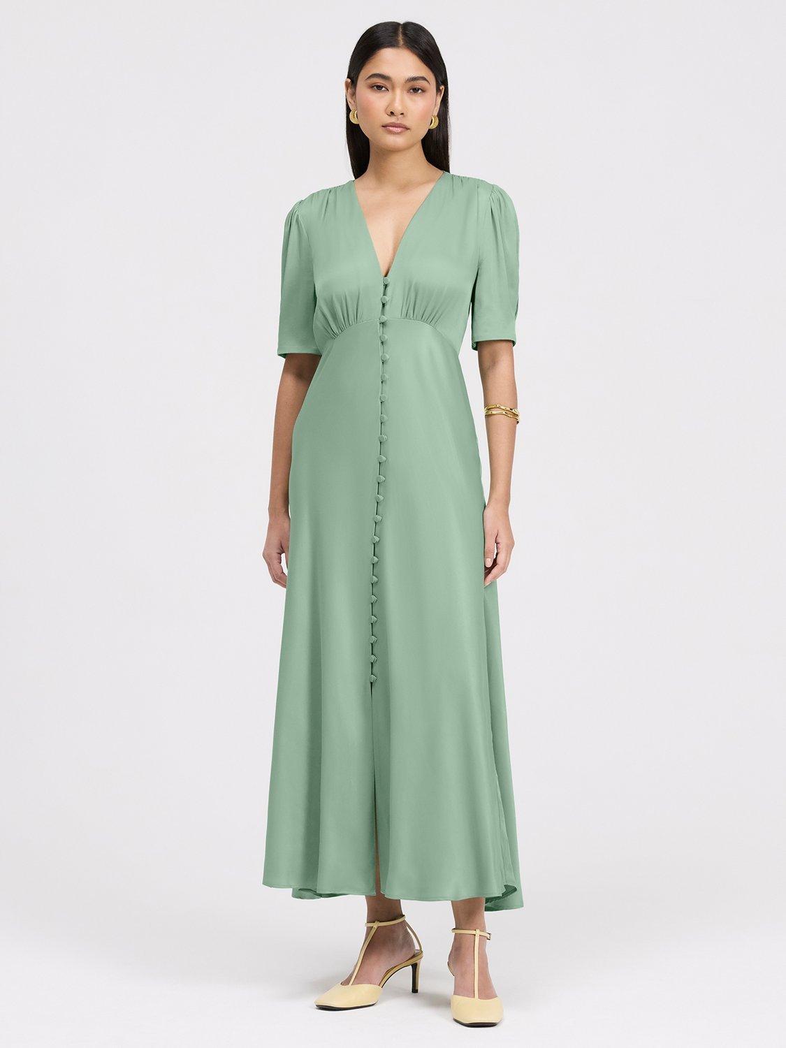 Ghost Madison V-Neck Satin Midi Dress, Sage Green