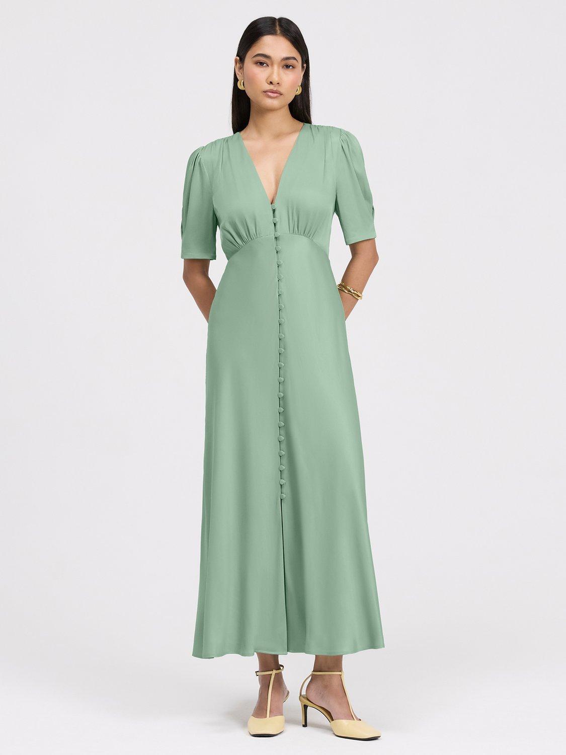 Ghost Madison V-Neck Satin Midi Dress, Sage Green