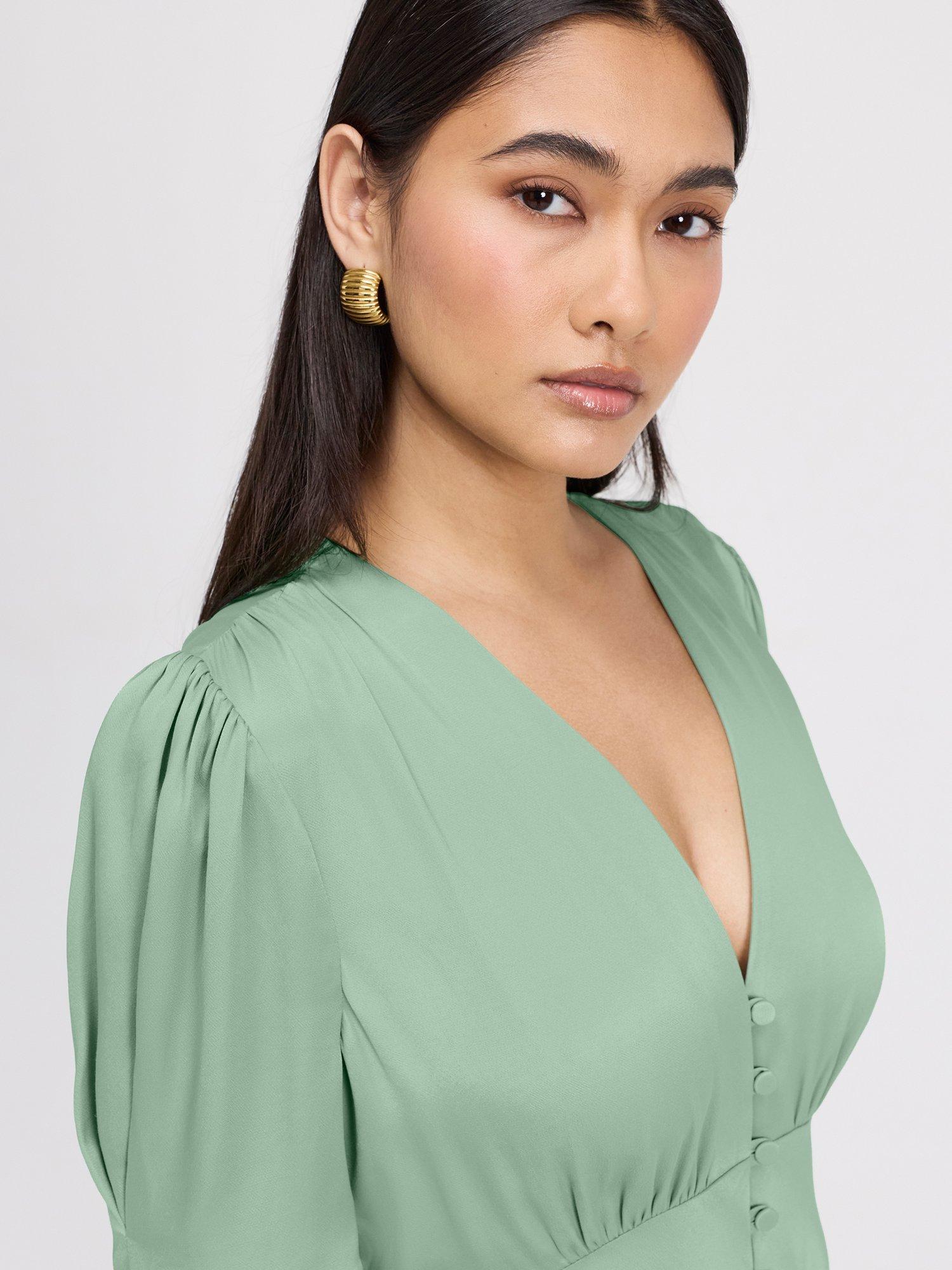 Ghost Madison V-Neck Satin Midi Dress, Sage Green