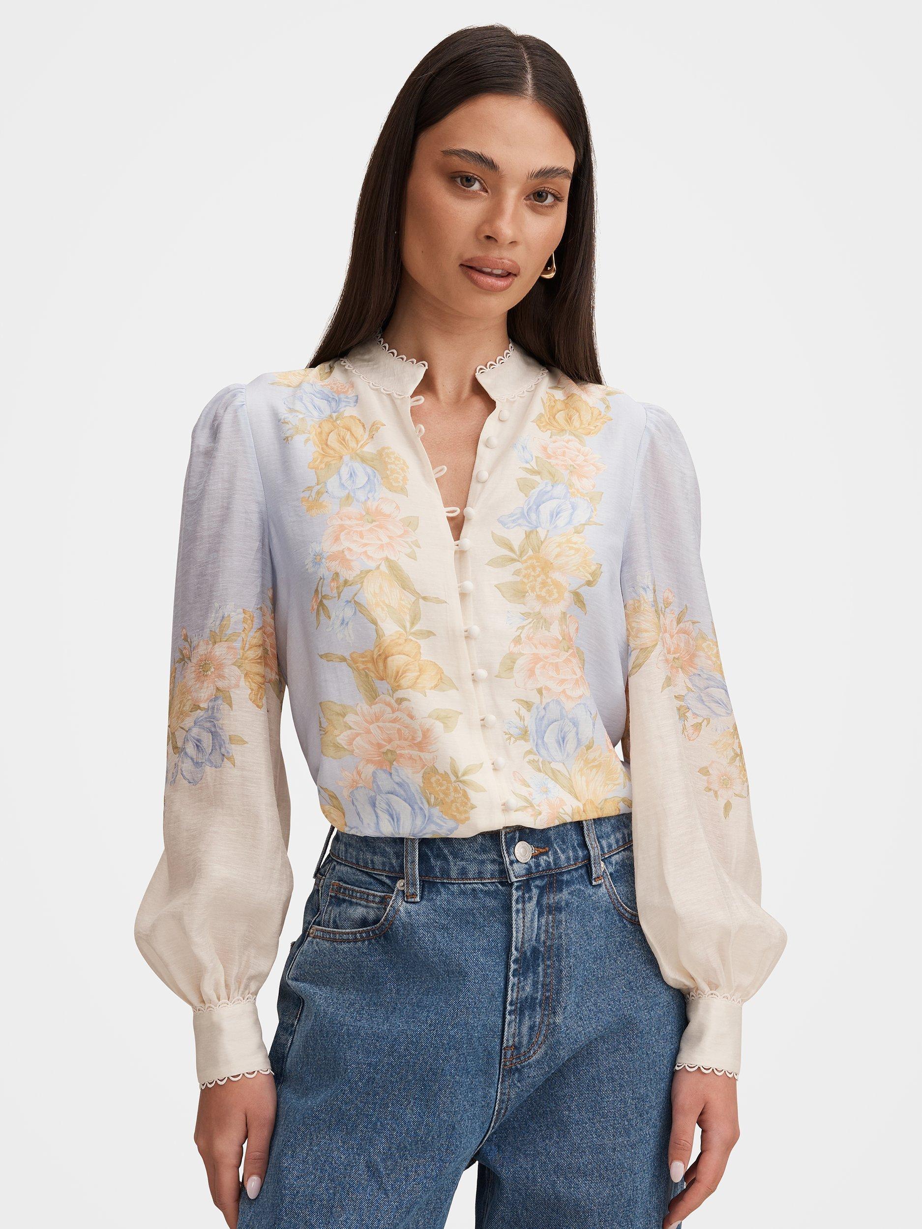 Forever New Emma Floral Trimmed Blouse, Blue Mercia Floral