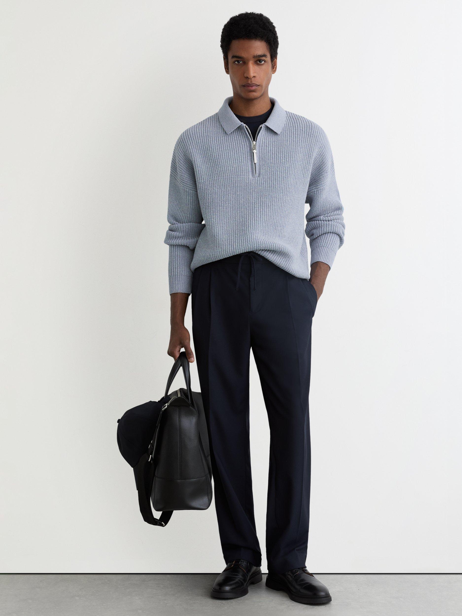 Reiss Prop Textured Long Sleeve Polo Shirt, Blue