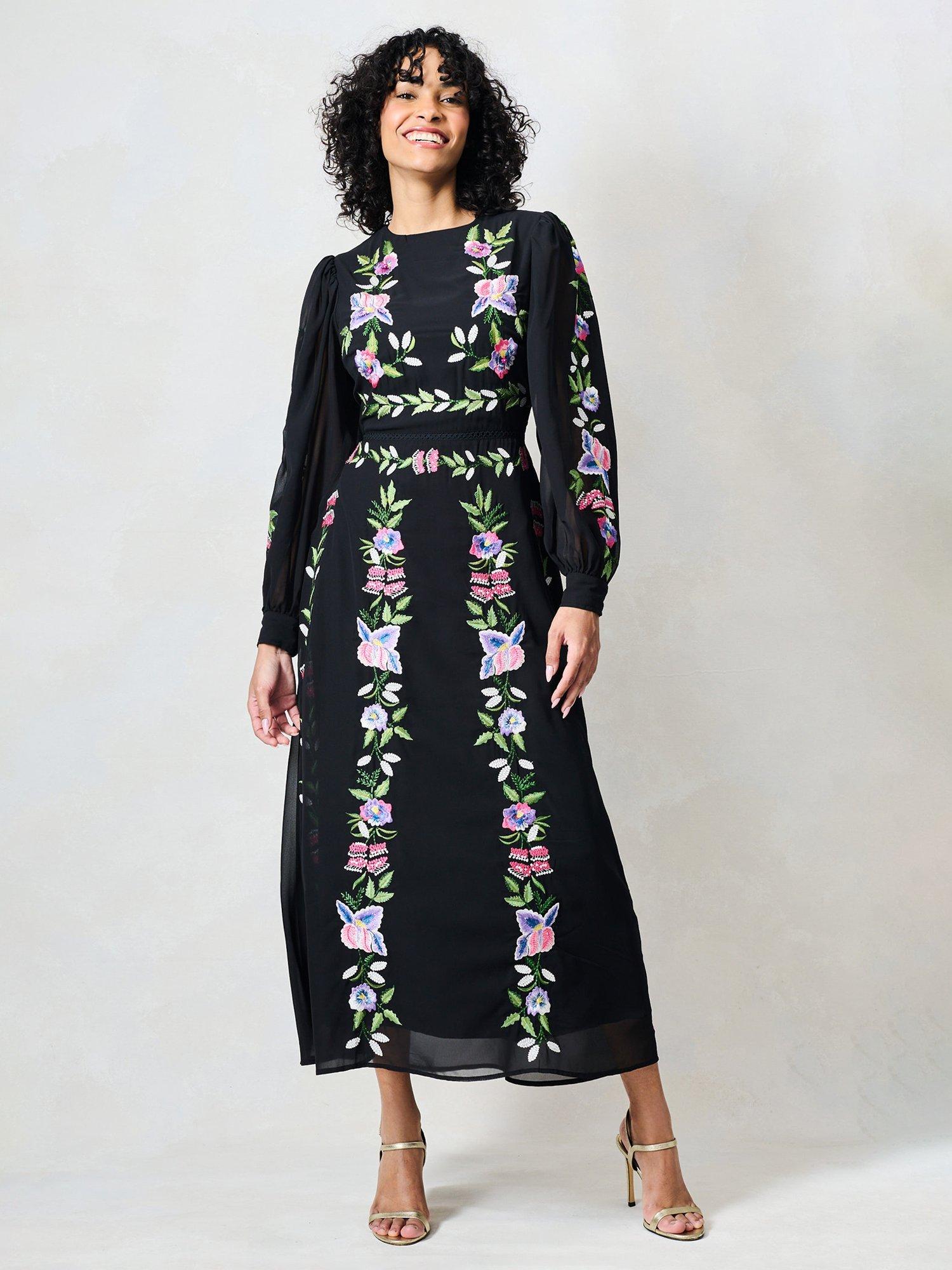 Hope & Ivy The Beth Embroidered Floral Maxi Dress, Black/Multi