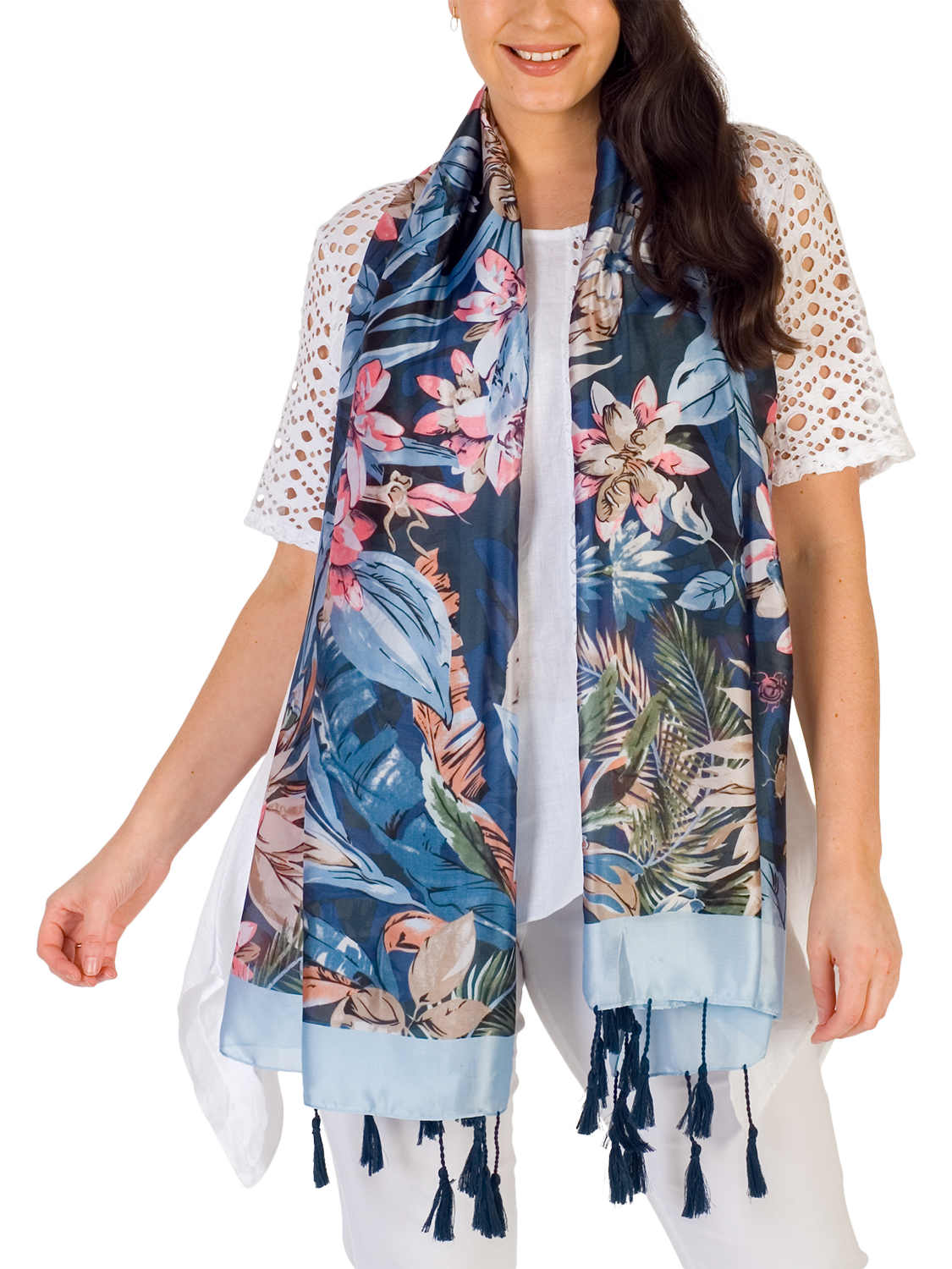 chesca Floral Tassel Trim Scarf, Blue/Multi