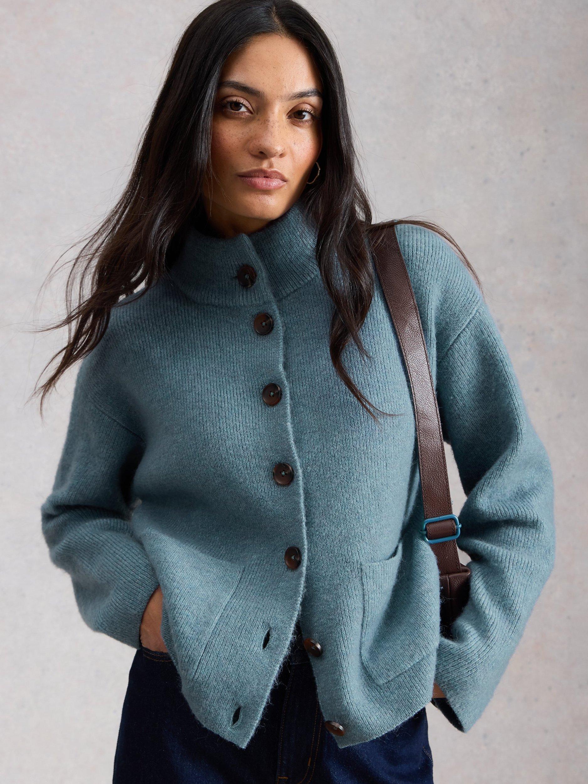 White Stuff Margot High Neck Fuzzy Cardigan, Blue