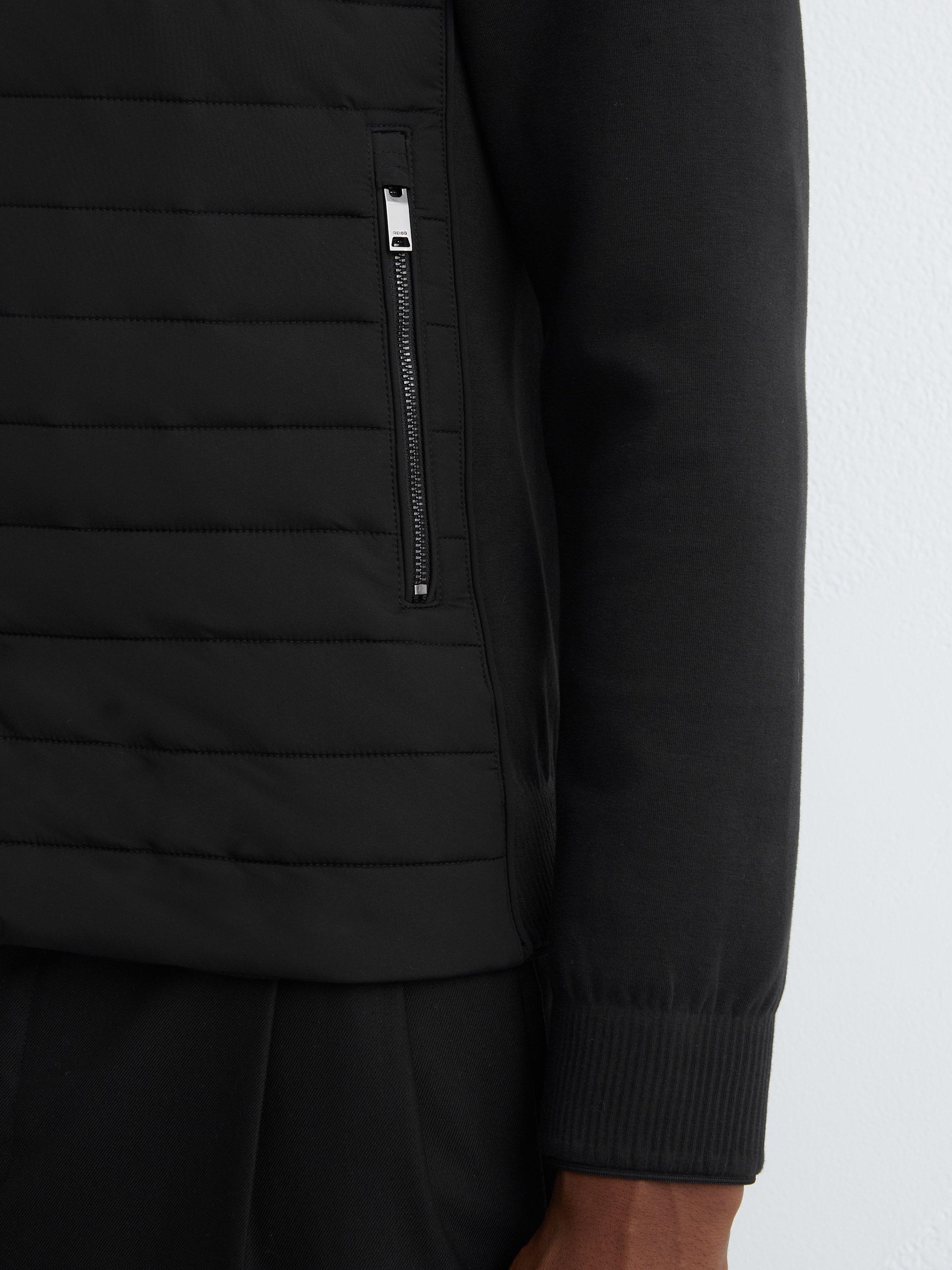 Reiss Theron Quilted Hybrid Hooded Zip Front Jacket, Black
