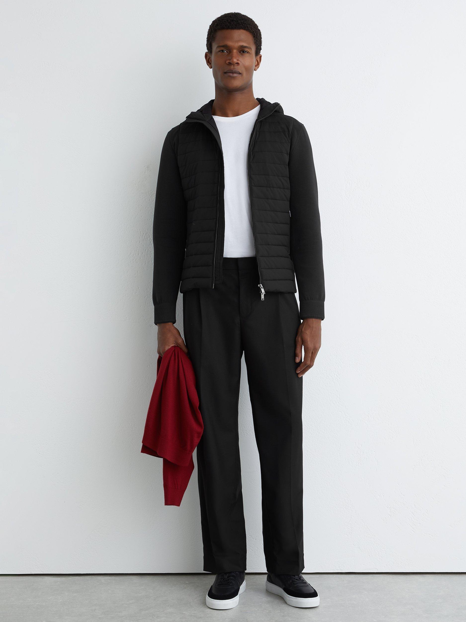 Reiss Theron Quilted Hybrid Hooded Zip Front Jacket, Black