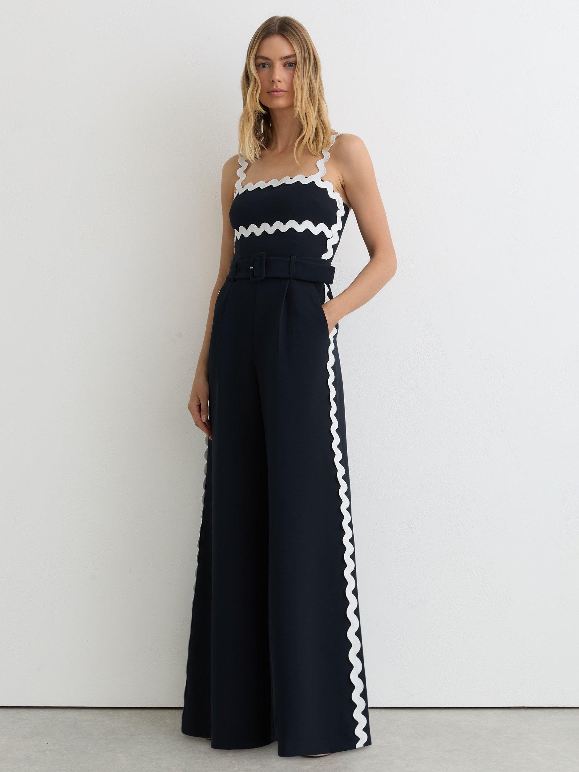 Reiss Dash Ric Rac Trim Jumpsuit, Navy/Ivory
