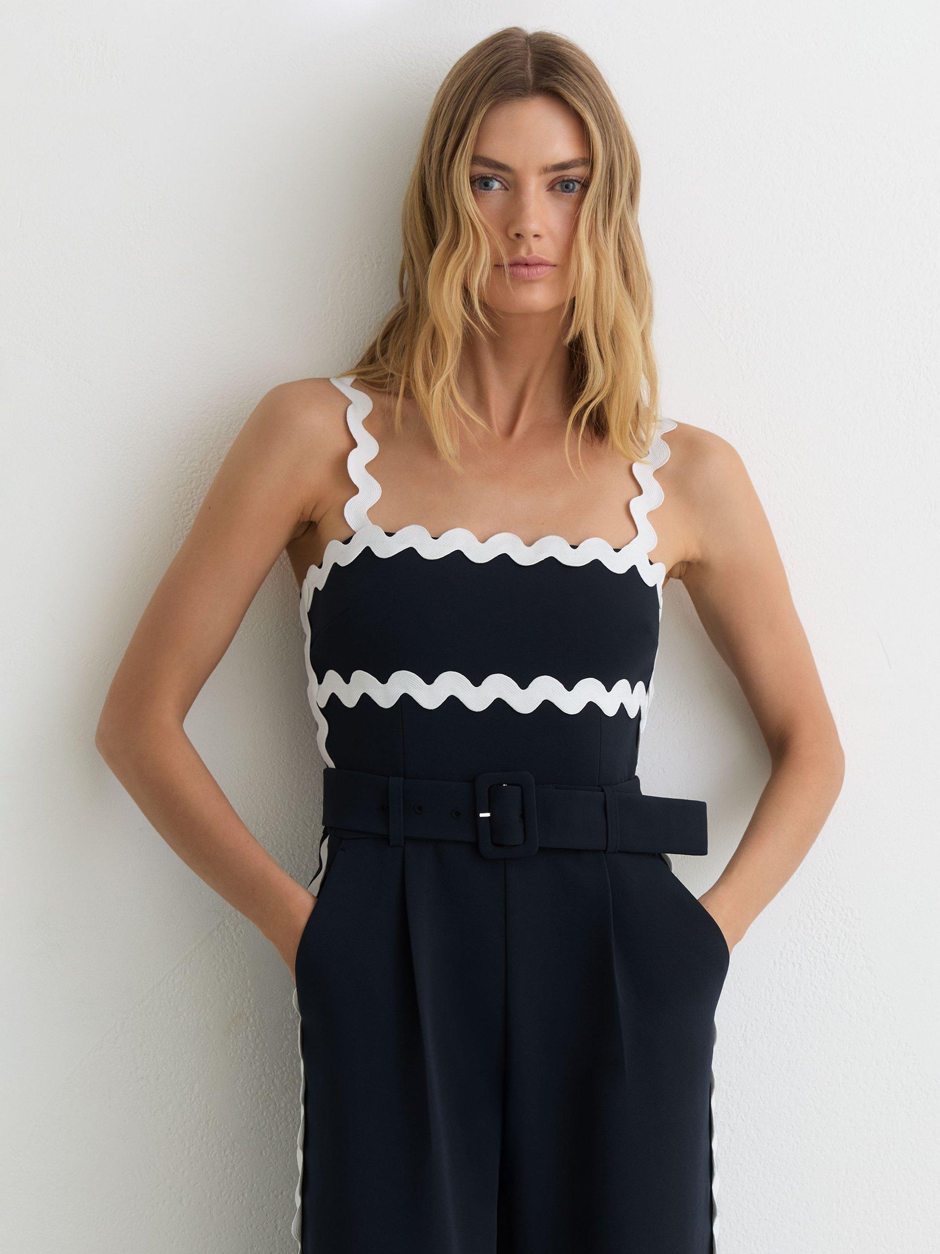 Reiss Dash Ric Rac Trim Jumpsuit, Navy/Ivory