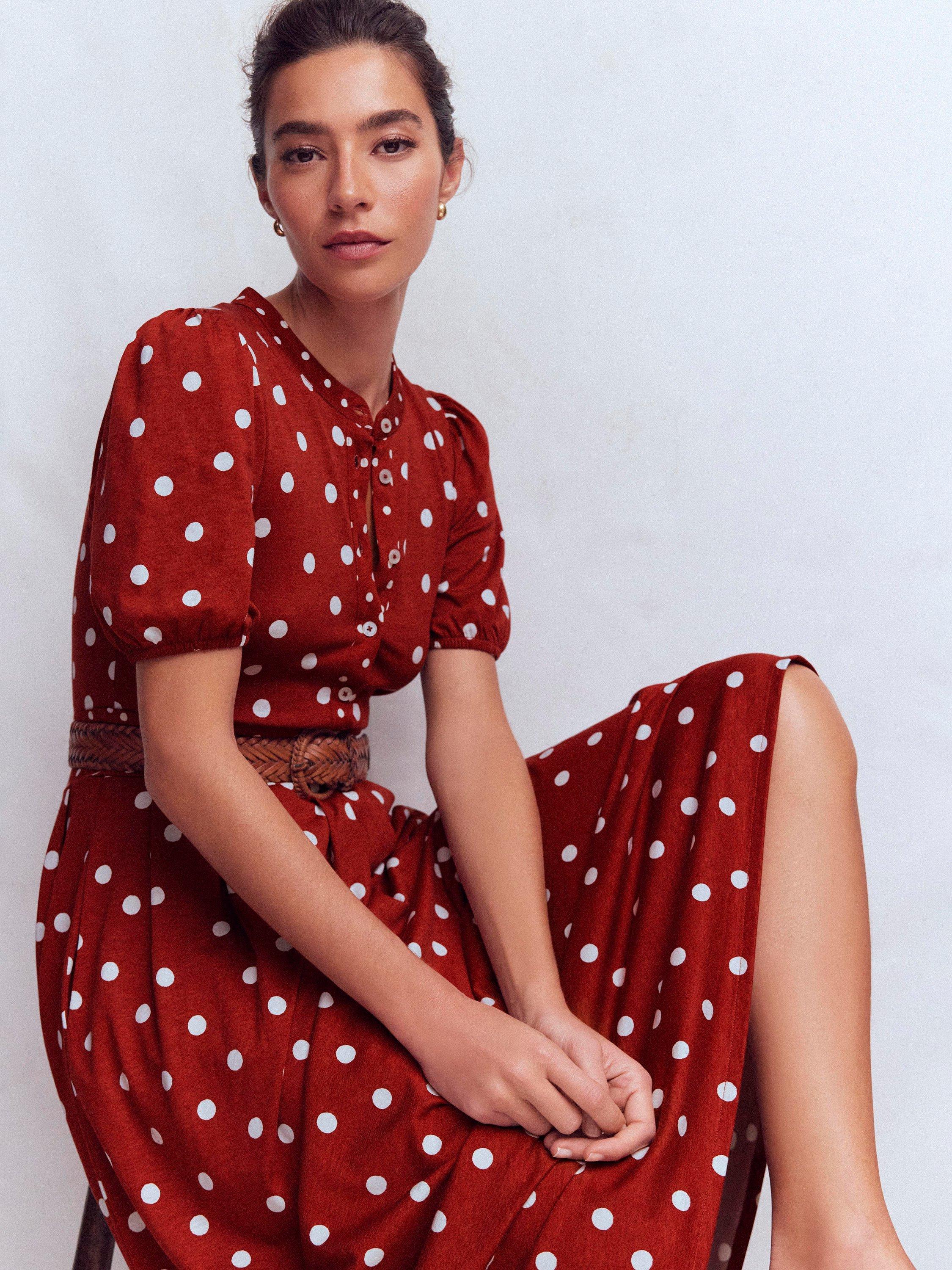 Boden Amber Polka Dot Pleated Jersey Dress, Orange/Multi