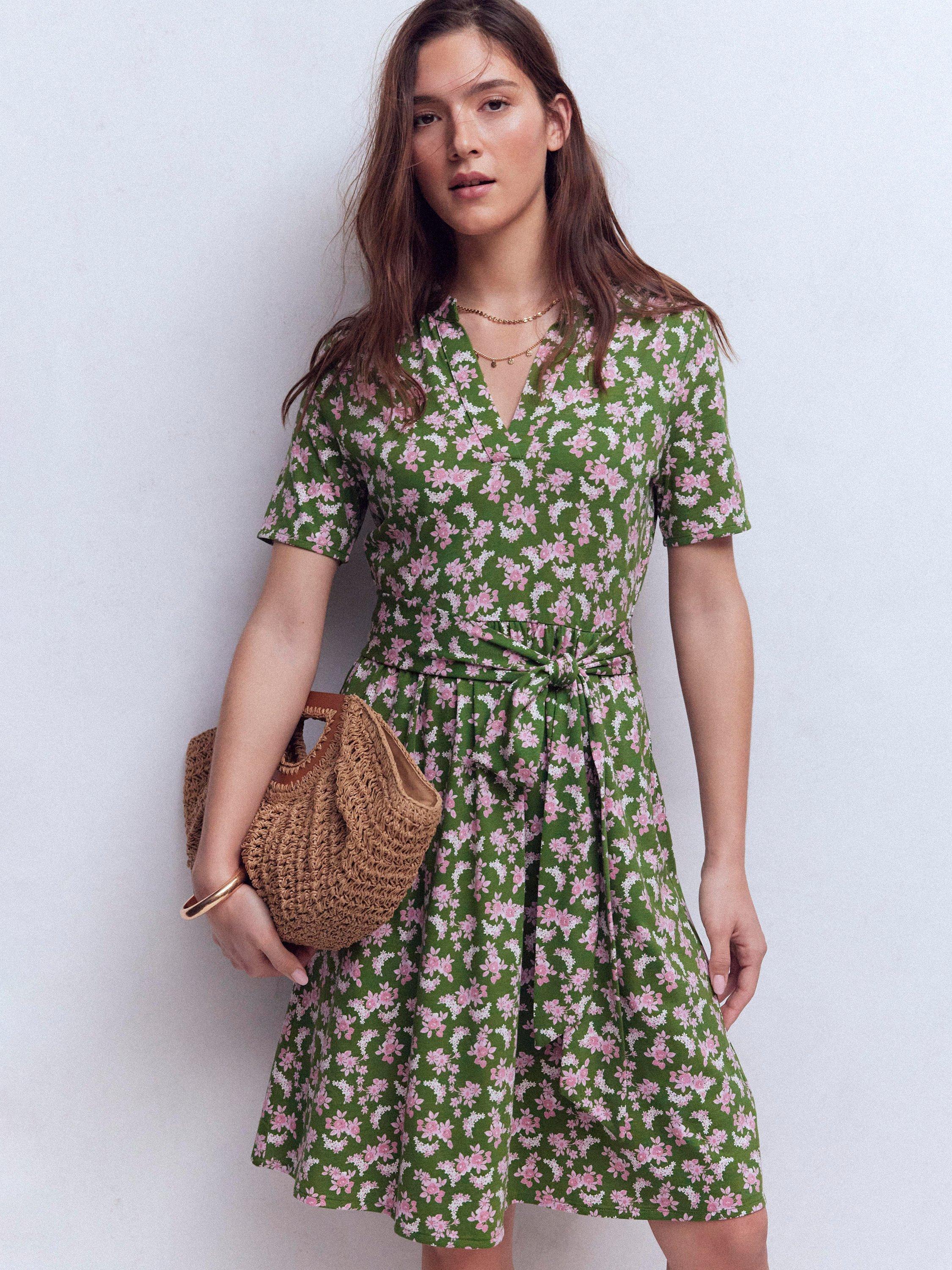 Boden Daisy Flippy Jersey Floral Dress, Green/Multi