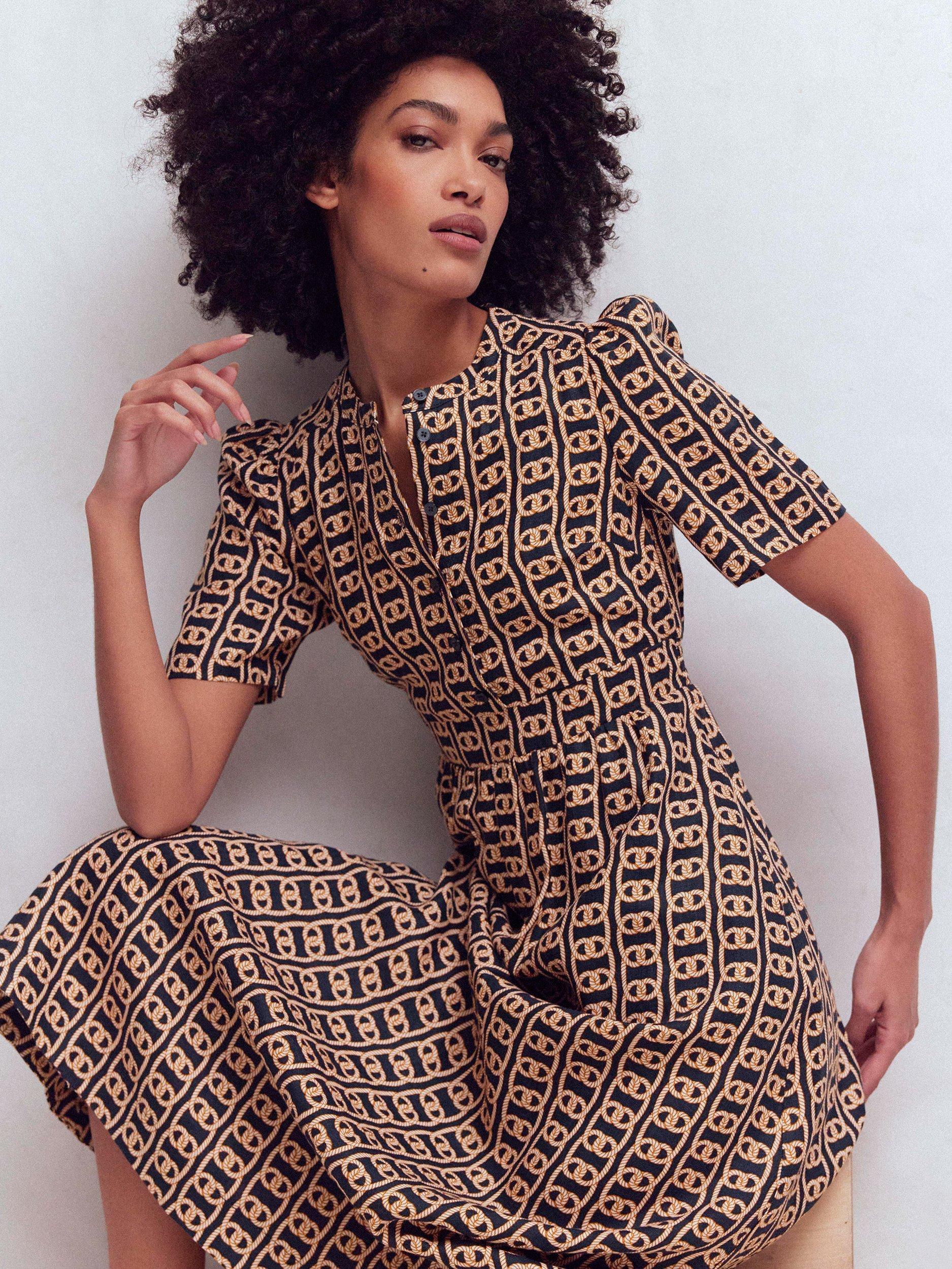 Boden Ivy Rope Trellis Pure Linen Dress, Navy/Multi