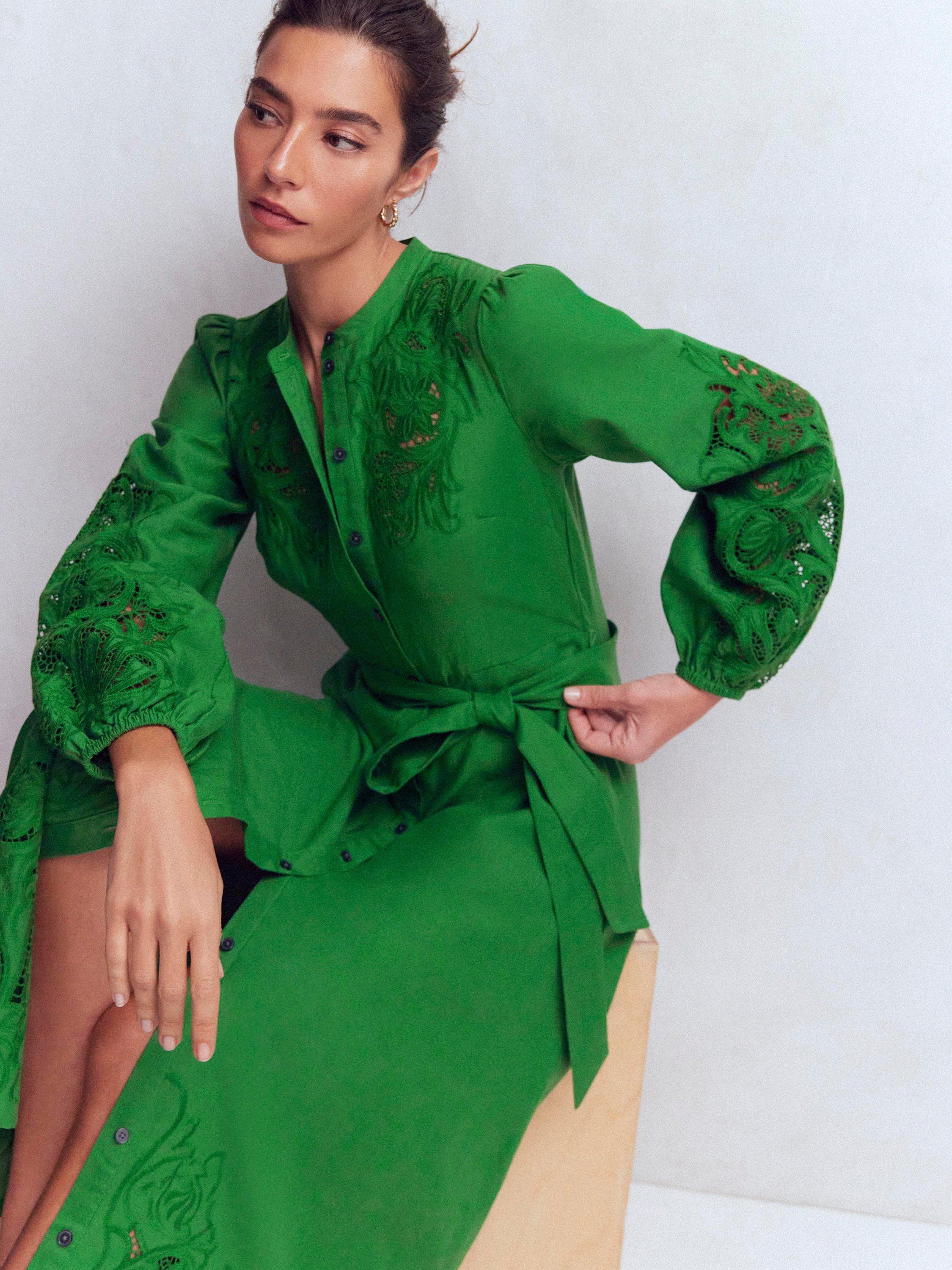 Boden Mae Linen Rich Floral Lace Midi Dress, Highland Green
