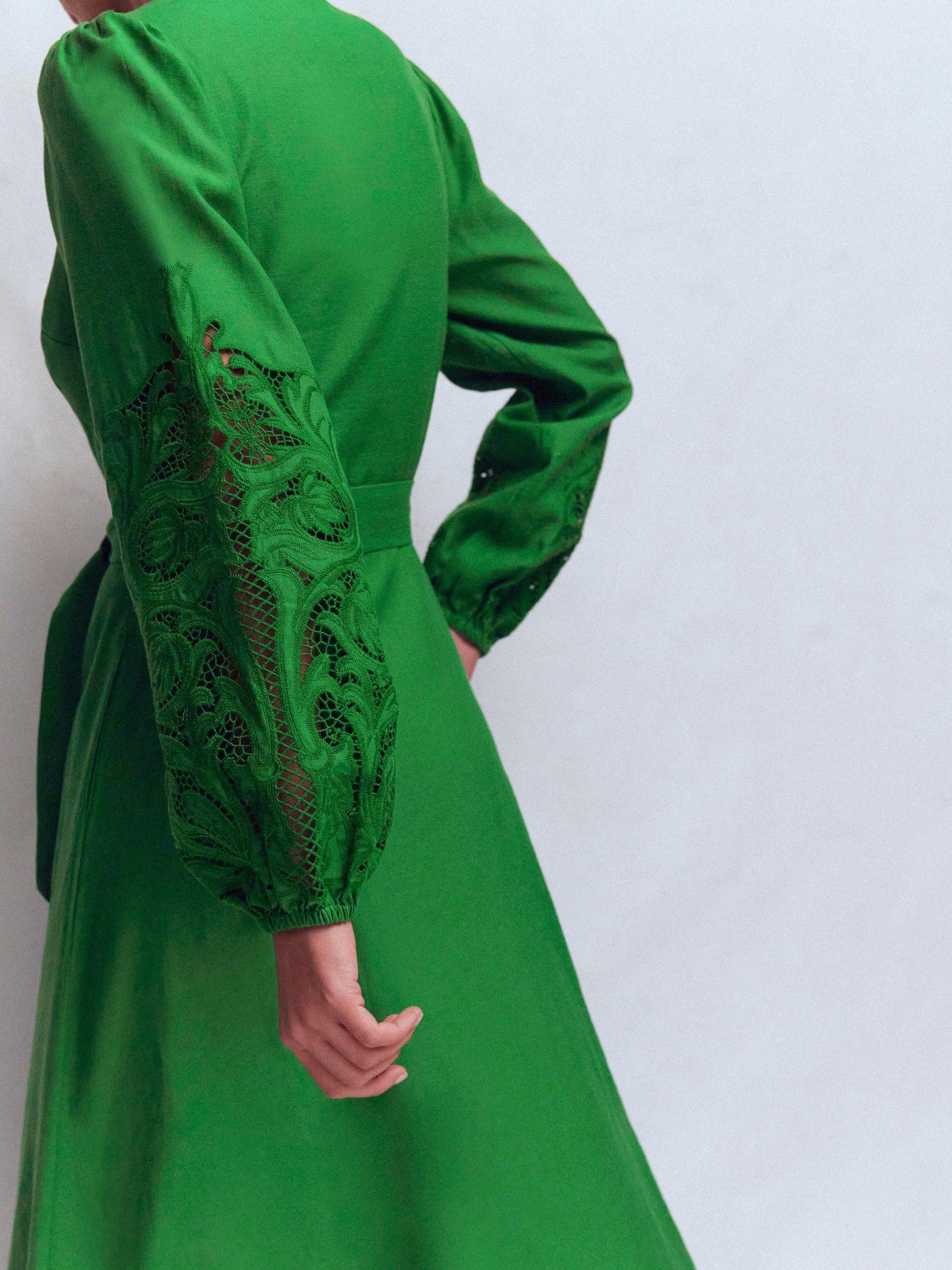 Boden Mae Linen Rich Floral Lace Midi Dress, Highland Green