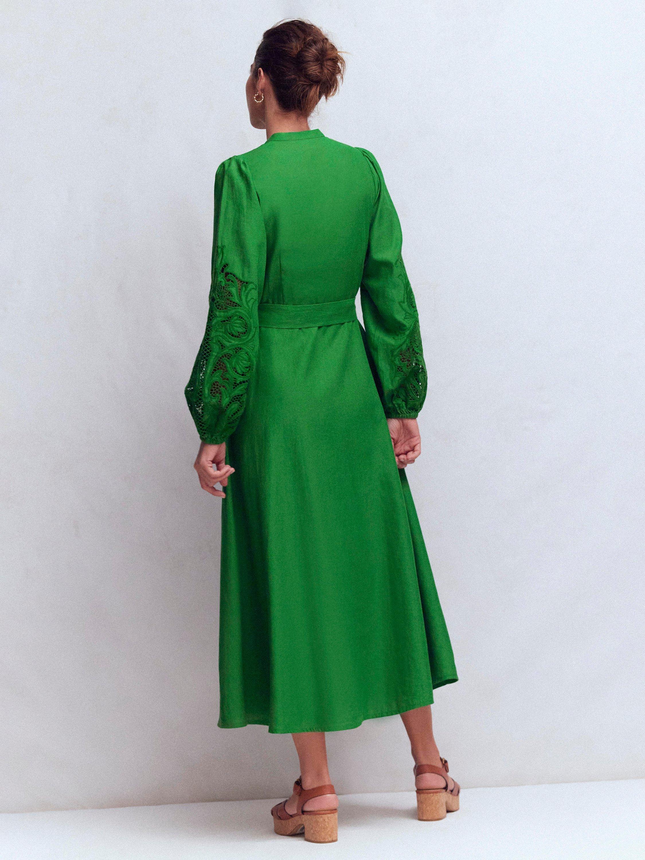 Boden Mae Linen Rich Floral Lace Midi Dress, Highland Green